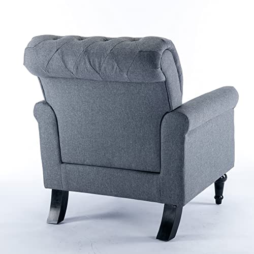 YISH W117081980 Modern Linen Accent Tufted Arm Chair with Thick Cushion and Wood Frame, Comfy Single Sofa with Armrest Backrest for Reading Bedroom Office Club, Dark Gray