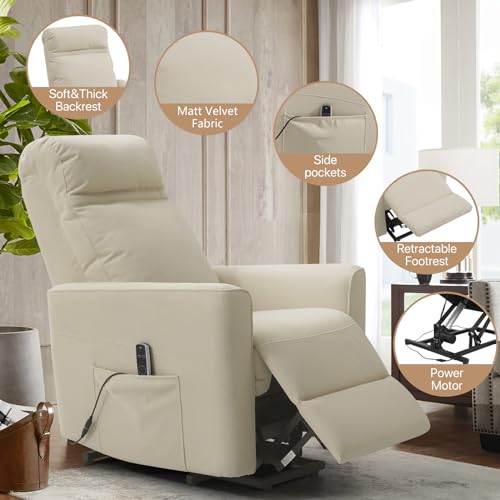 Wichvens Power Lift Recliner Chair with Massage,Multi-Angle Adjustment Seat,Mattevelvet Fabric Reclining Single Sofa with Side Pocket& Remote Control for Living Room,Bedroom,Office(Beige)