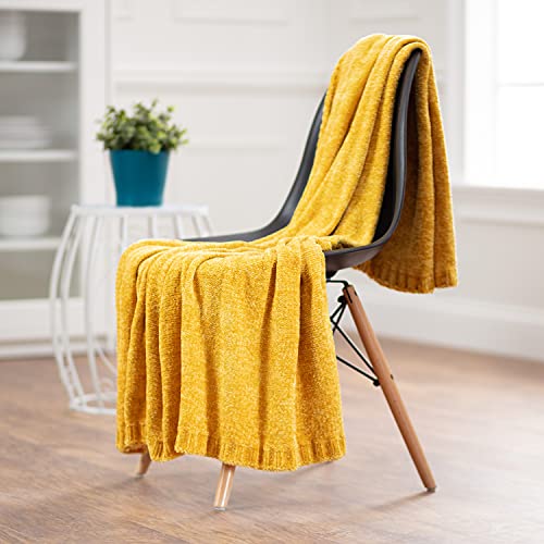 Chanasya Chenille Yellow Knit Throw Blanket - Super Soft Sweature Textured Classy Subtle Shimmer Decorative Knitted Blanket for Sofa Couch Bed Living Room Housewarming Gift (50x65 Inches) Yellow