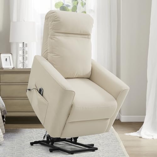Wichvens Power Lift Recliner Chair with Massage,Multi-Angle Adjustment Seat,Mattevelvet Fabric Reclining Single Sofa with Side Pocket& Remote Control for Living Room,Bedroom,Office(Beige)