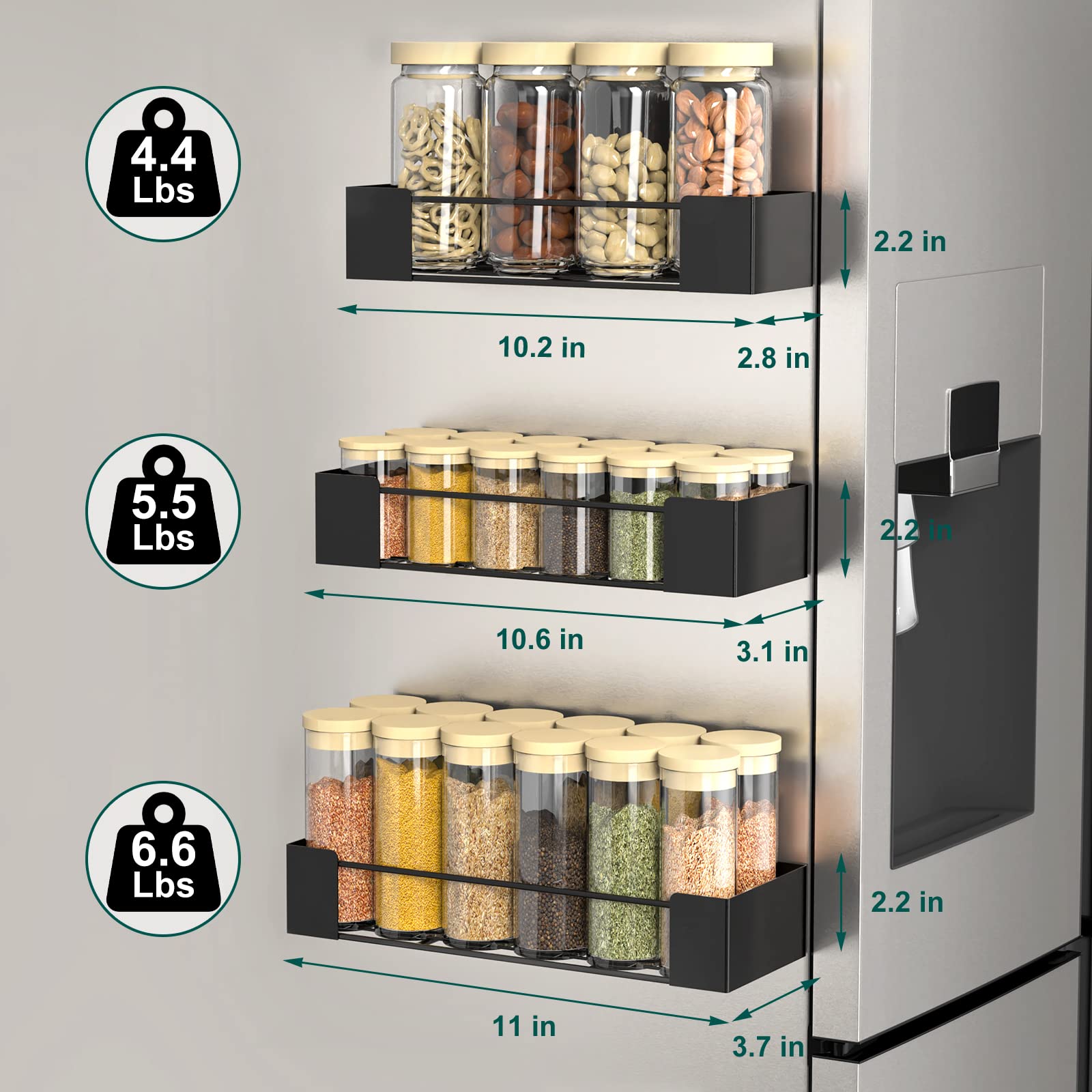 Johamoo 3 Pack Magnetic Spice Rack Organizer, Magnetic Shelf for Refrigerator, Space Saving Seasoning Organizer for Refrigerator and Microwave Oven, Metal Black