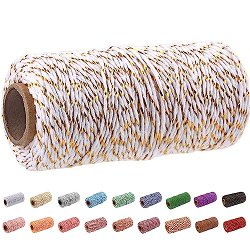 Twine String,328 Feet Christmas Twines White Gold Rope Bakers String Rope Craft Making Knitting Butchers Twine DIY packing, room decoration(White and gold)