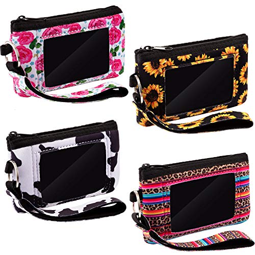 Frienda 4 Pieces Sunflower Credit Card Holder PVC Zipper Wristlet Pouch Neoprene Mini Wristlet Wallet Neoprene for Women Girls