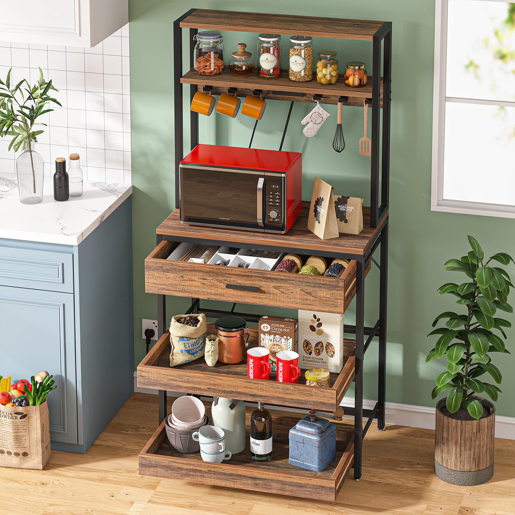 Tribesigns Kitchen Bakers Rack with Power Outlets, 5-Tier Microwave Oven Stand with Drawer and Sliding Shelves, Freestanding Coffee Bar, Kitchen Storage Shelf with 6 Hooks, Rustic Brown