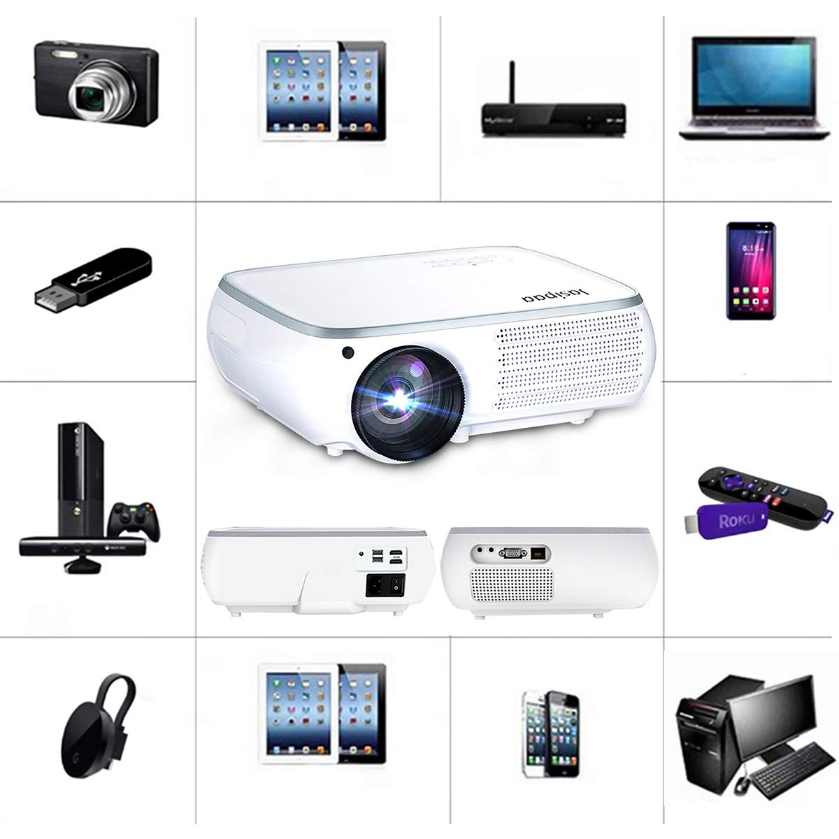 Jasipaa Native 1080P Home Theater Projector,Portable 7000 Lumens HD Outdoor Projector Compatible with Fire TV,PS4,Smart Phone,AV,HDMI,VGA
