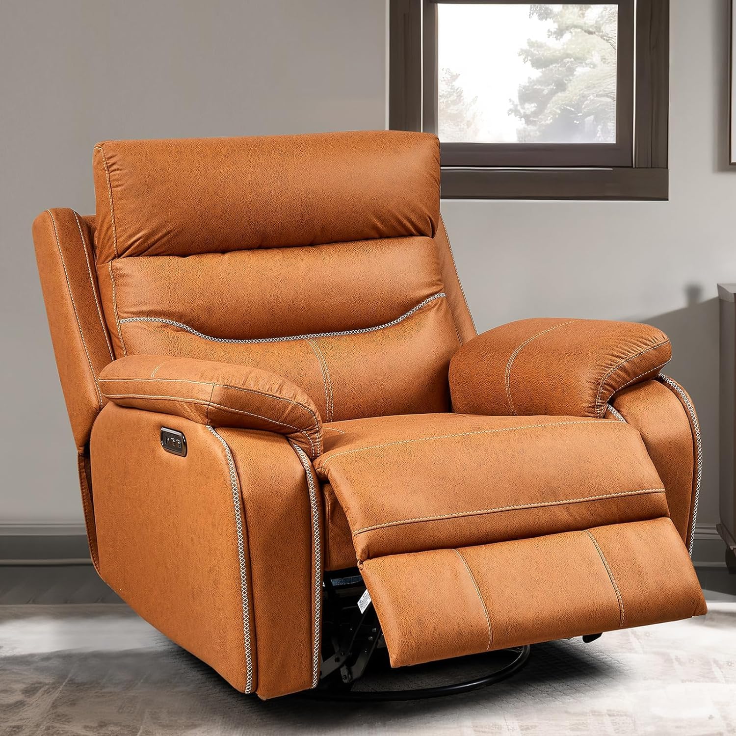 LETSHOME Electric Dual Motor Rocker Recliner USB Ports, 240 Degree Swivel Adjustable Rocking Chair with Power Headrest, Single Sofa Seat with Footrest for Living Room, XL, Brown