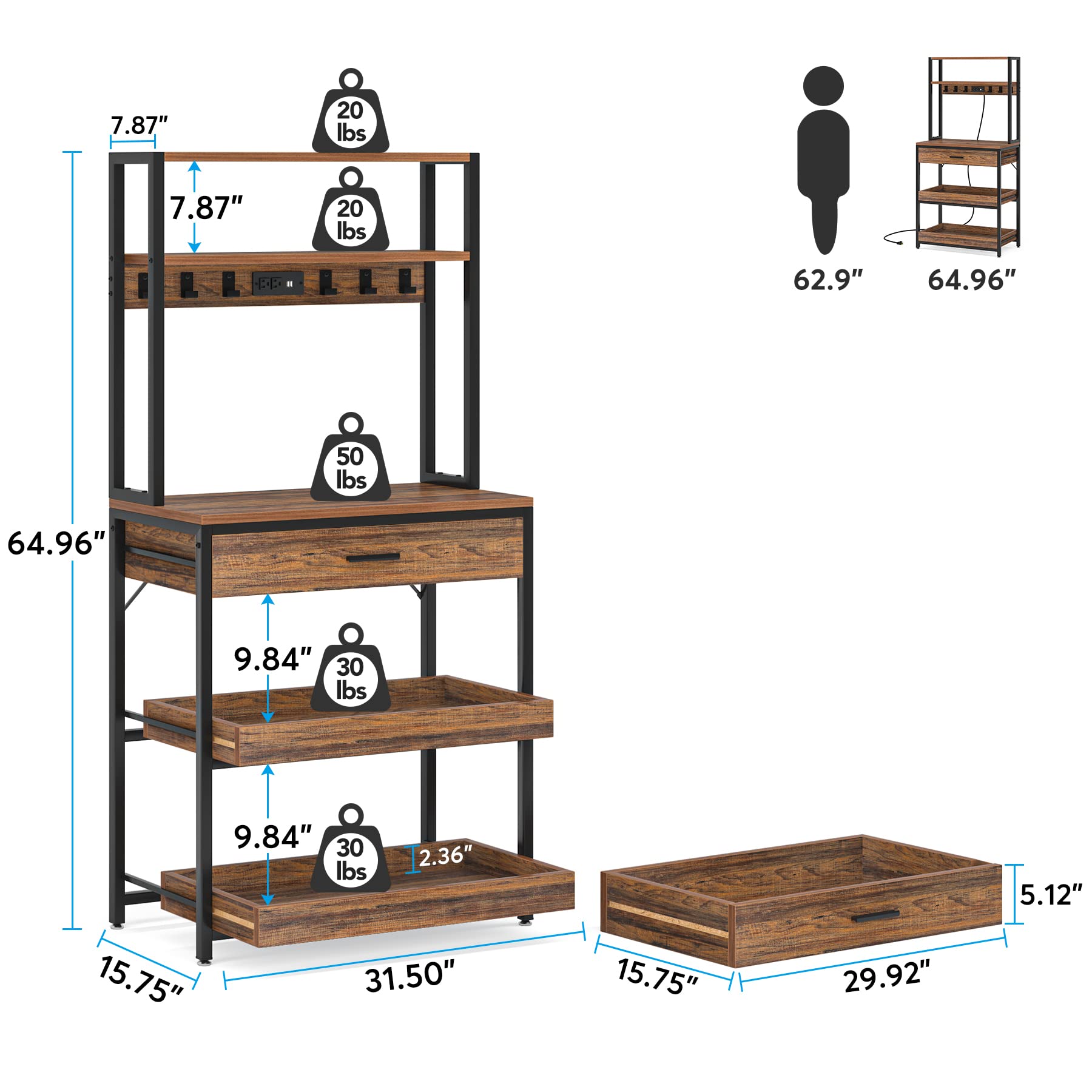 Tribesigns Kitchen Bakers Rack with Power Outlets, 5-Tier Microwave Oven Stand with Drawer and Sliding Shelves, Freestanding Coffee Bar, Kitchen Storage Shelf with 6 Hooks, Rustic Brown