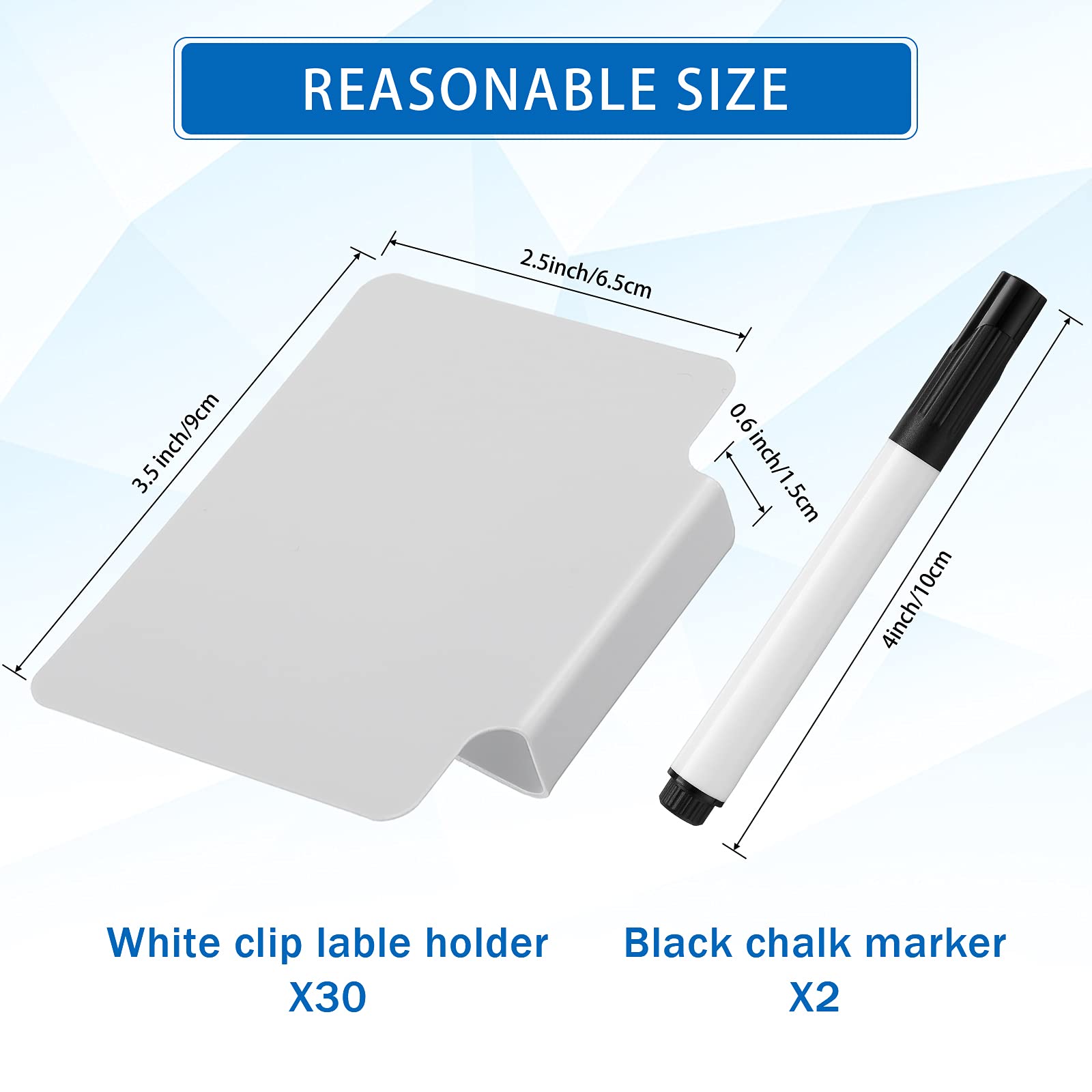 32 Pieces Basket Labels Clip Set, Include 30 Pieces Kitchen Clip Label Holder Removable PVC Bin with 2 Pieces Chalk Marker for Basket Pantry Organization Box (White Label Clip, Black Pen)