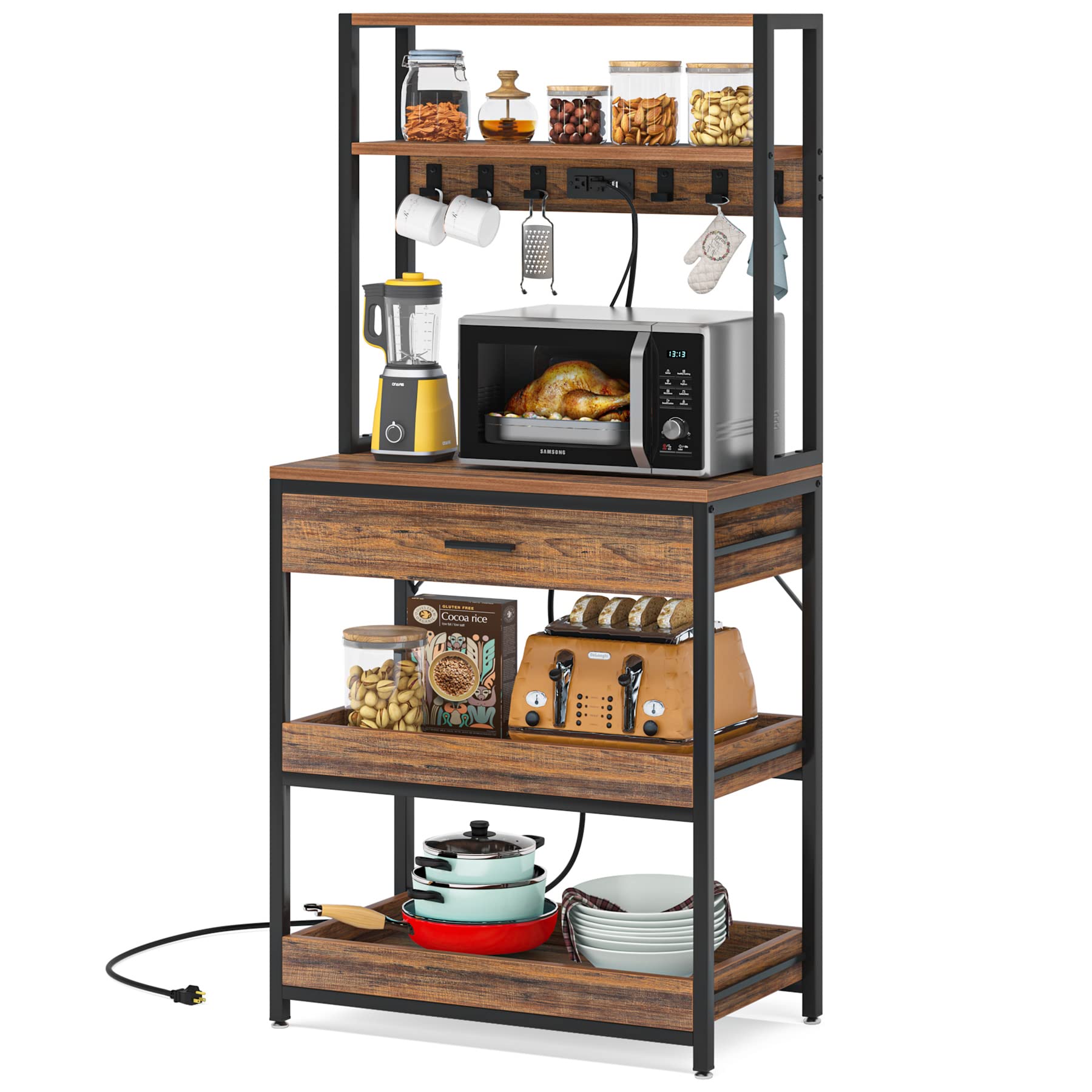 Tribesigns Kitchen Bakers Rack with Power Outlets, 5-Tier Microwave Oven Stand with Drawer and Sliding Shelves, Freestanding Coffee Bar, Kitchen Storage Shelf with 6 Hooks, Rustic Brown