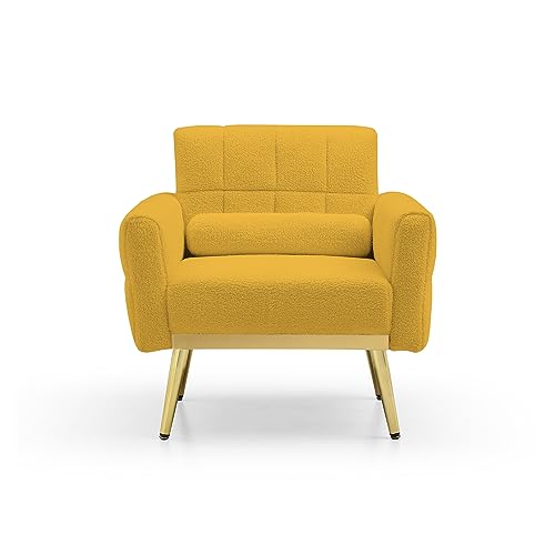 Penifun Teddy Accent Modern Side Gold Legs & Waist Pillow, Single Sofa Couch Armchair Reading Chairs for Living Waiting Room Bedroom Yellow