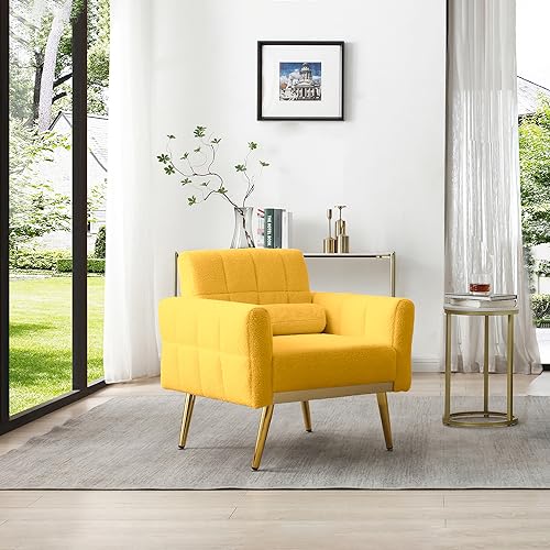 Penifun Teddy Accent Modern Side Gold Legs & Waist Pillow, Single Sofa Couch Armchair Reading Chairs for Living Waiting Room Bedroom Yellow