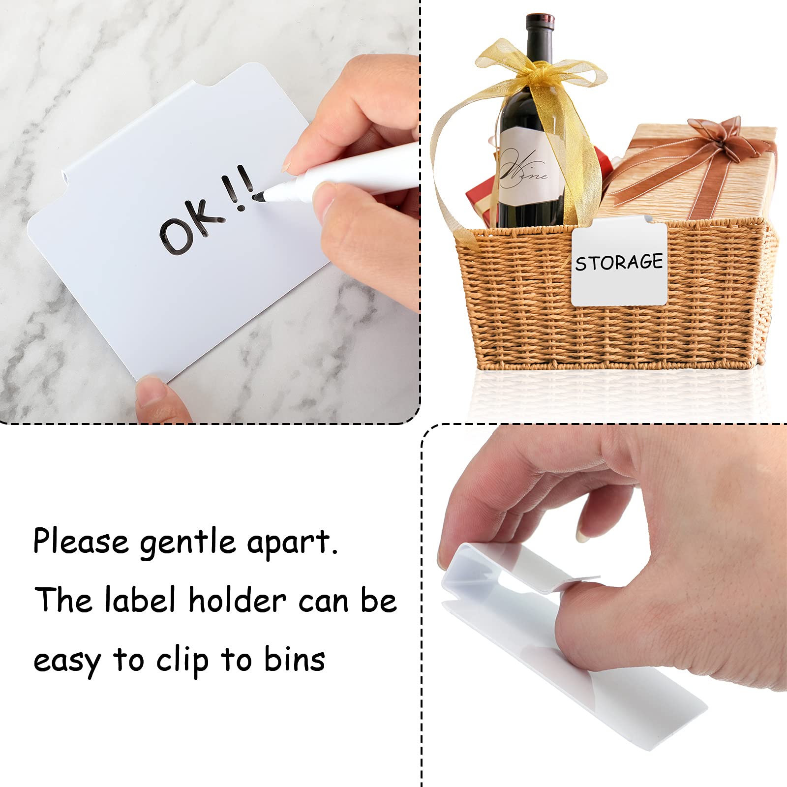 32 Pieces Basket Labels Clip Set, Include 30 Pieces Kitchen Clip Label Holder Removable PVC Bin with 2 Pieces Chalk Marker for Basket Pantry Organization Box (White Label Clip, Black Pen)