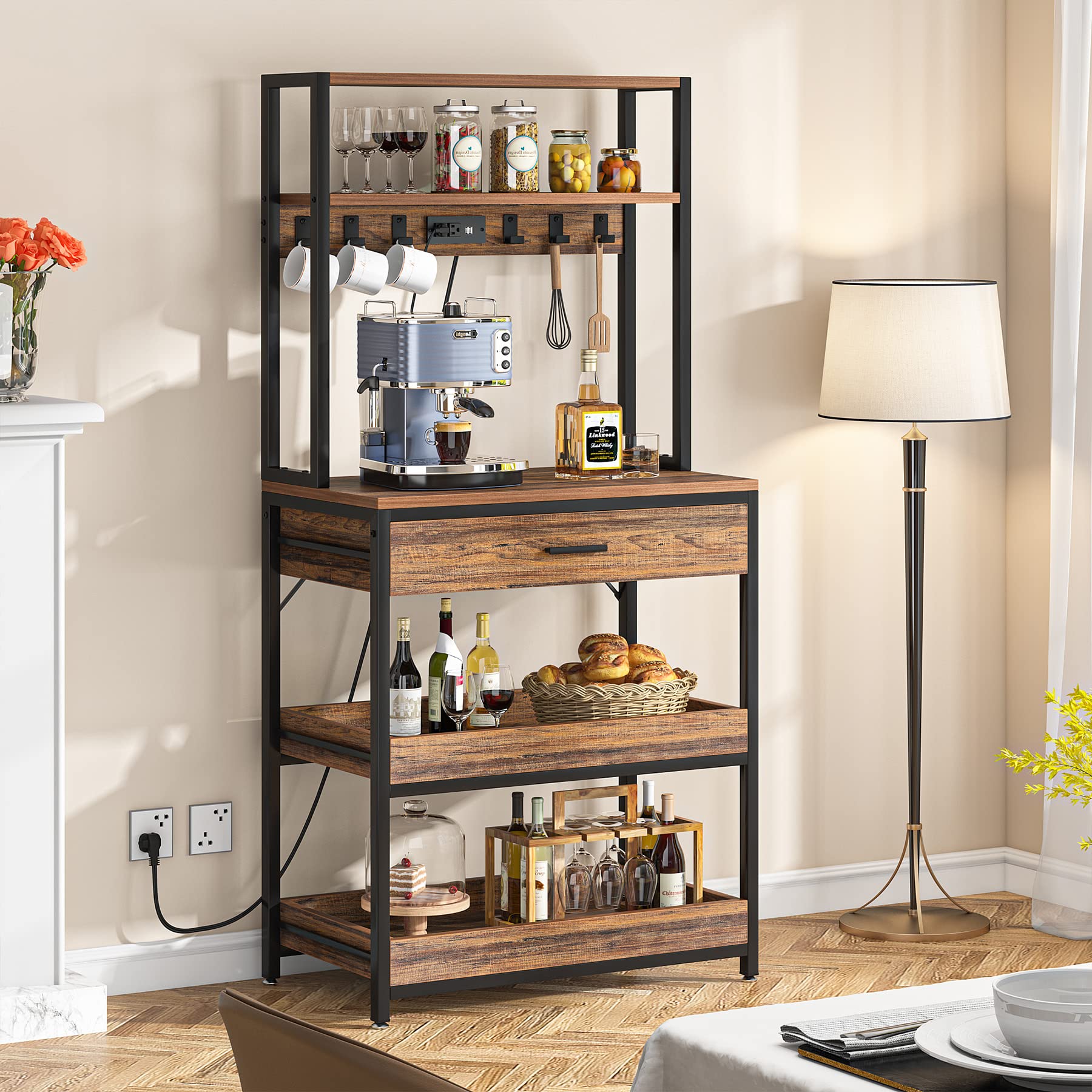 Tribesigns Kitchen Bakers Rack with Power Outlets, 5-Tier Microwave Oven Stand with Drawer and Sliding Shelves, Freestanding Coffee Bar, Kitchen Storage Shelf with 6 Hooks, Rustic Brown
