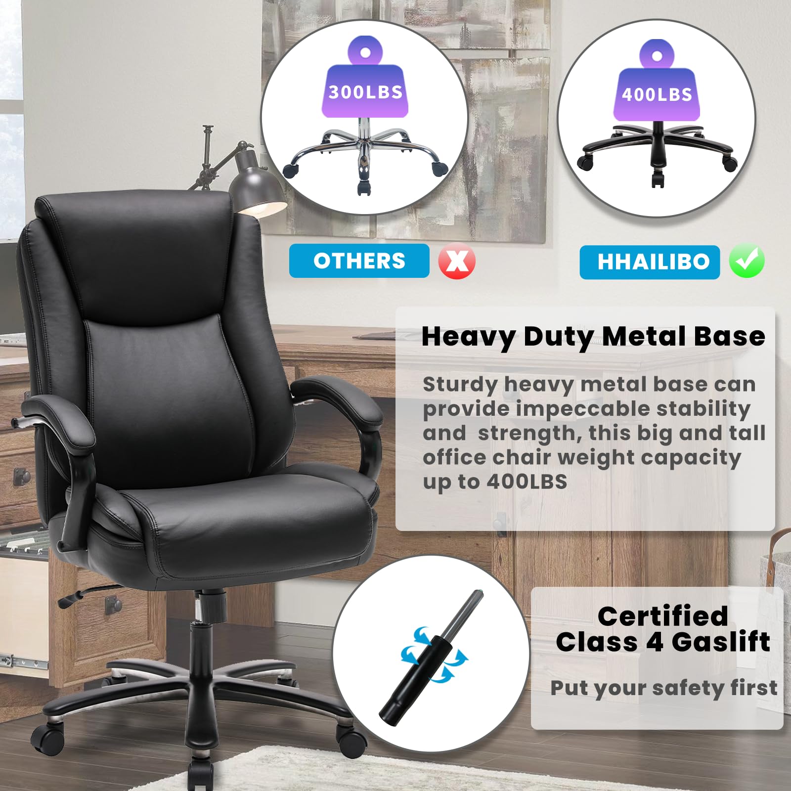 H HAILIBO Office Chair, High Back Big and Tall 400lbs Executive Desk Chair, Bonded Leather Ergonomic Computer Chair with Armrest, Adjustable Height and Swivel Wheels, Black