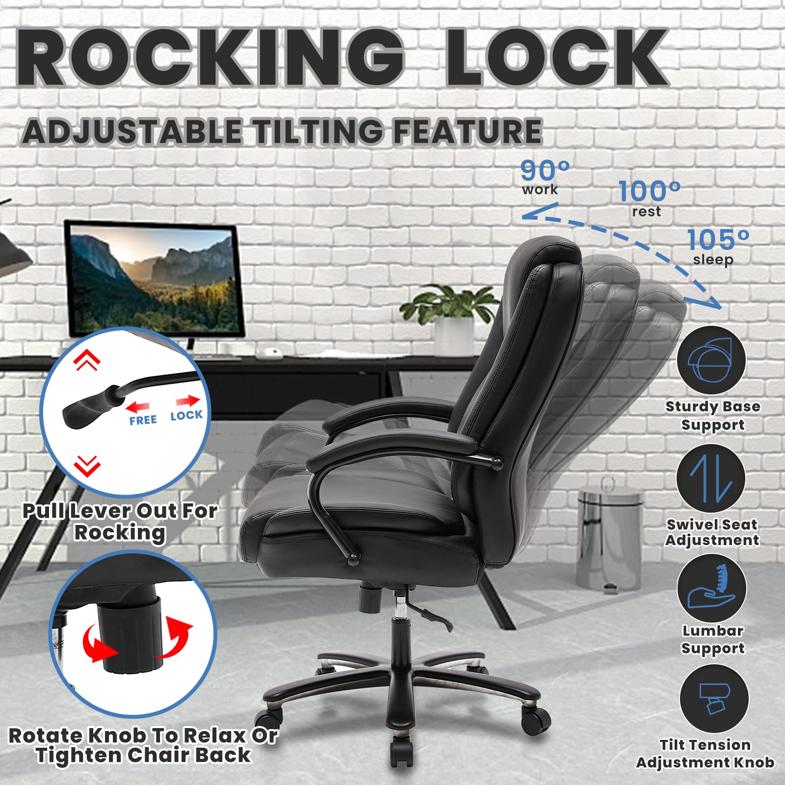 H HAILIBO Office Chair, High Back Big and Tall 400lbs Executive Desk Chair, Bonded Leather Ergonomic Computer Chair with Armrest, Adjustable Height and Swivel Wheels, Black