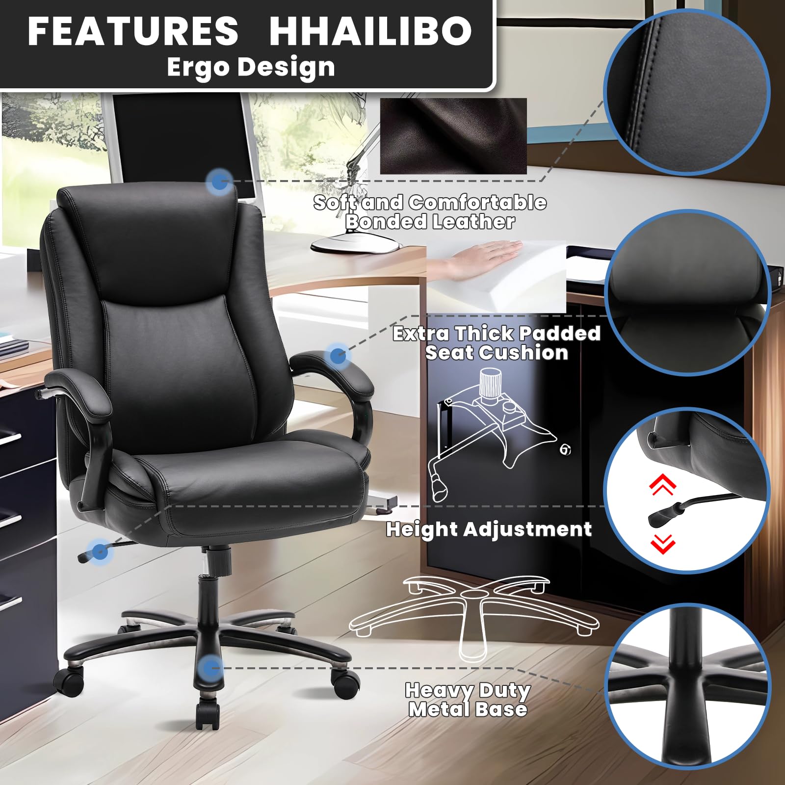 H HAILIBO Office Chair, High Back Big and Tall 400lbs Executive Desk Chair, Bonded Leather Ergonomic Computer Chair with Armrest, Adjustable Height and Swivel Wheels, Black