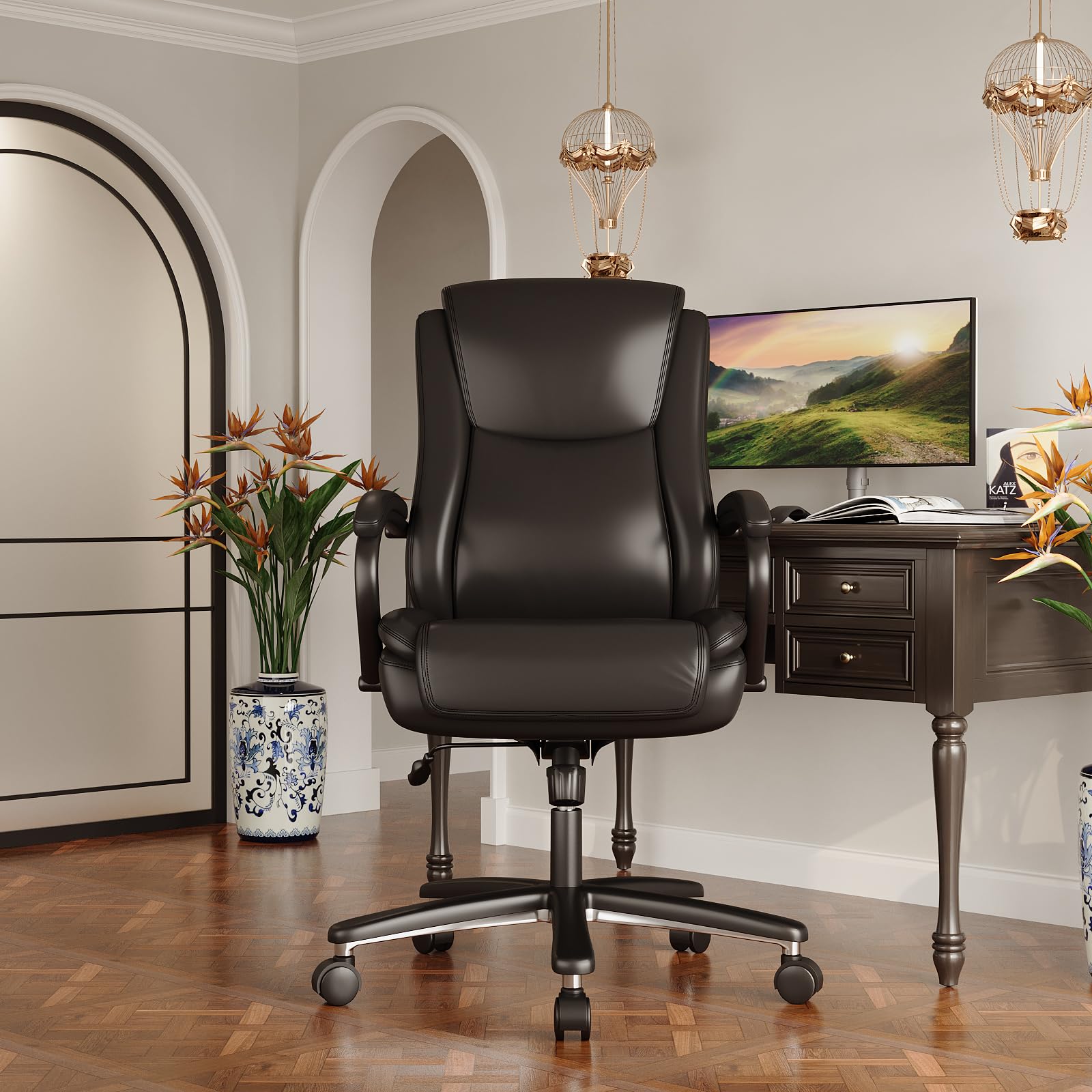 H HAILIBO Office Chair, High Back Big and Tall 400lbs Executive Desk Chair, Bonded Leather Ergonomic Computer Chair with Armrest, Adjustable Height and Swivel Wheels, Black