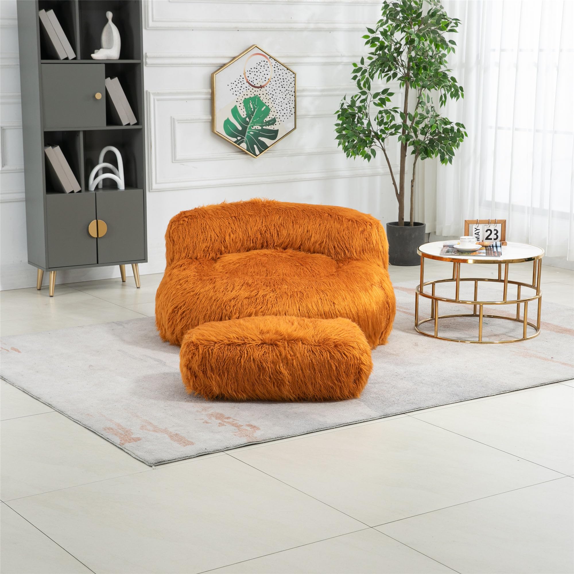 Plush Memory Foam Lounge Chair with Ottoman - Oversized Recliner High Back Lazy Sofa Chair with High Resilience Foam, Solid Wood Frame, Iron Legs - Comfortable Single Living Room Chair (Orange)