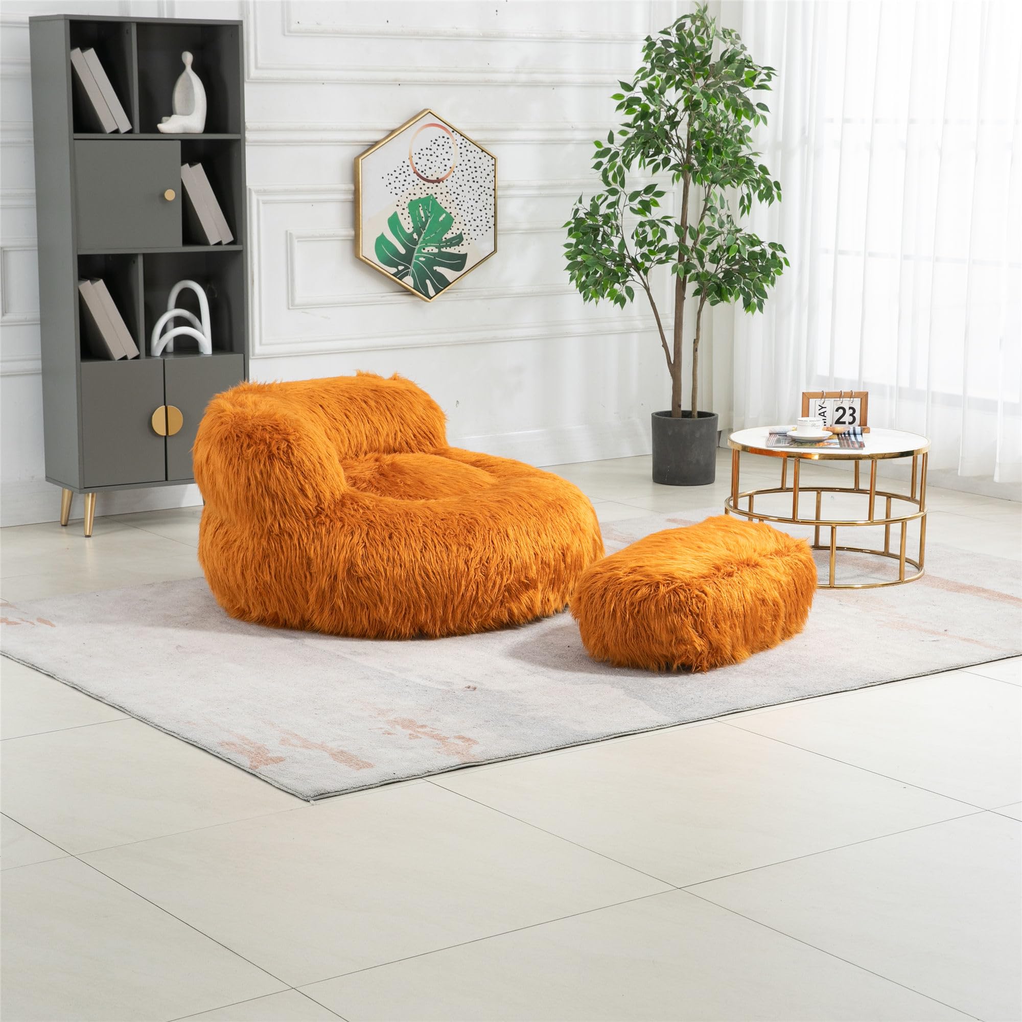 Plush Memory Foam Lounge Chair with Ottoman - Oversized Recliner High Back Lazy Sofa Chair with High Resilience Foam, Solid Wood Frame, Iron Legs - Comfortable Single Living Room Chair (Orange)