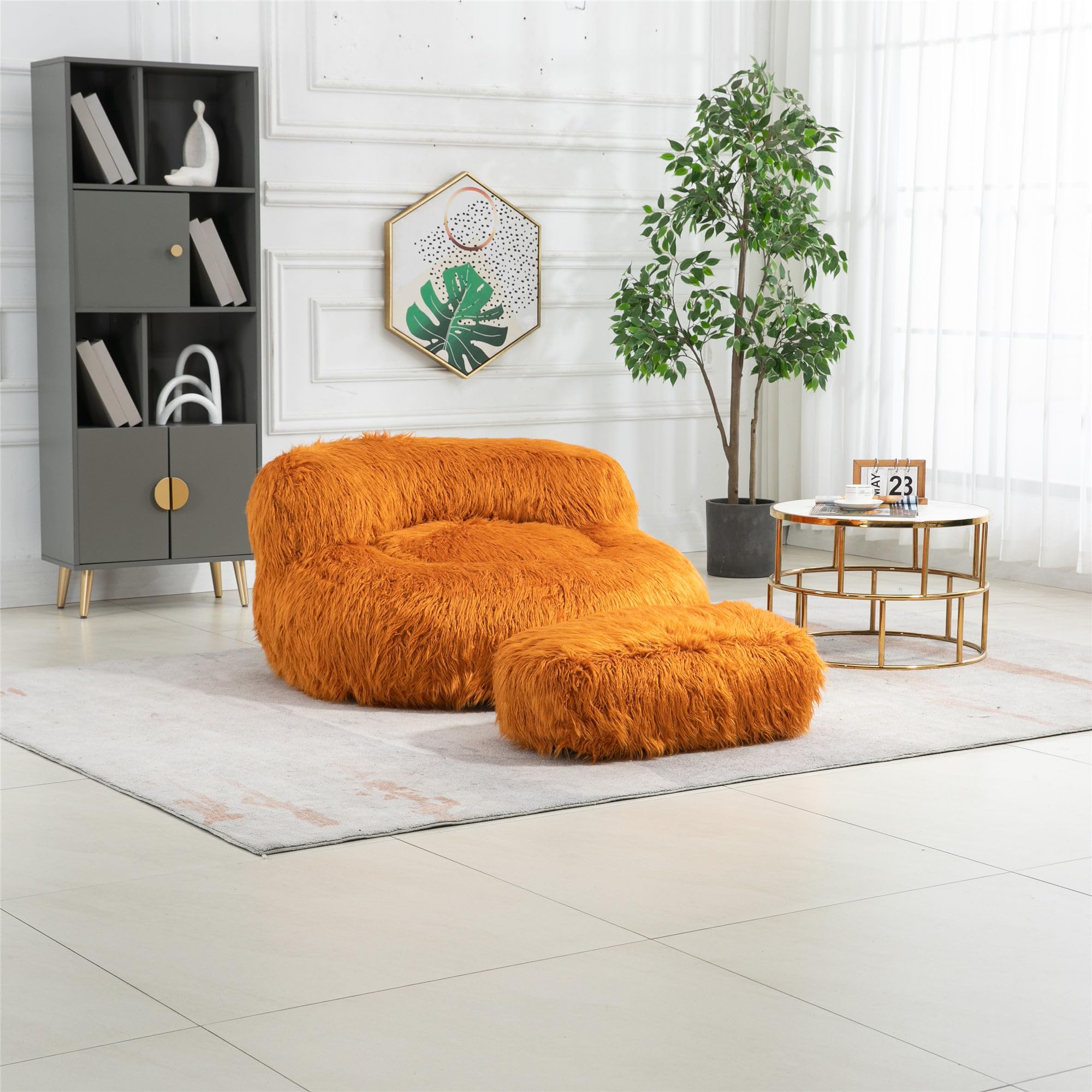 Plush Memory Foam Lounge Chair with Ottoman - Oversized Recliner High Back Lazy Sofa Chair with High Resilience Foam, Solid Wood Frame, Iron Legs - Comfortable Single Living Room Chair (Orange)