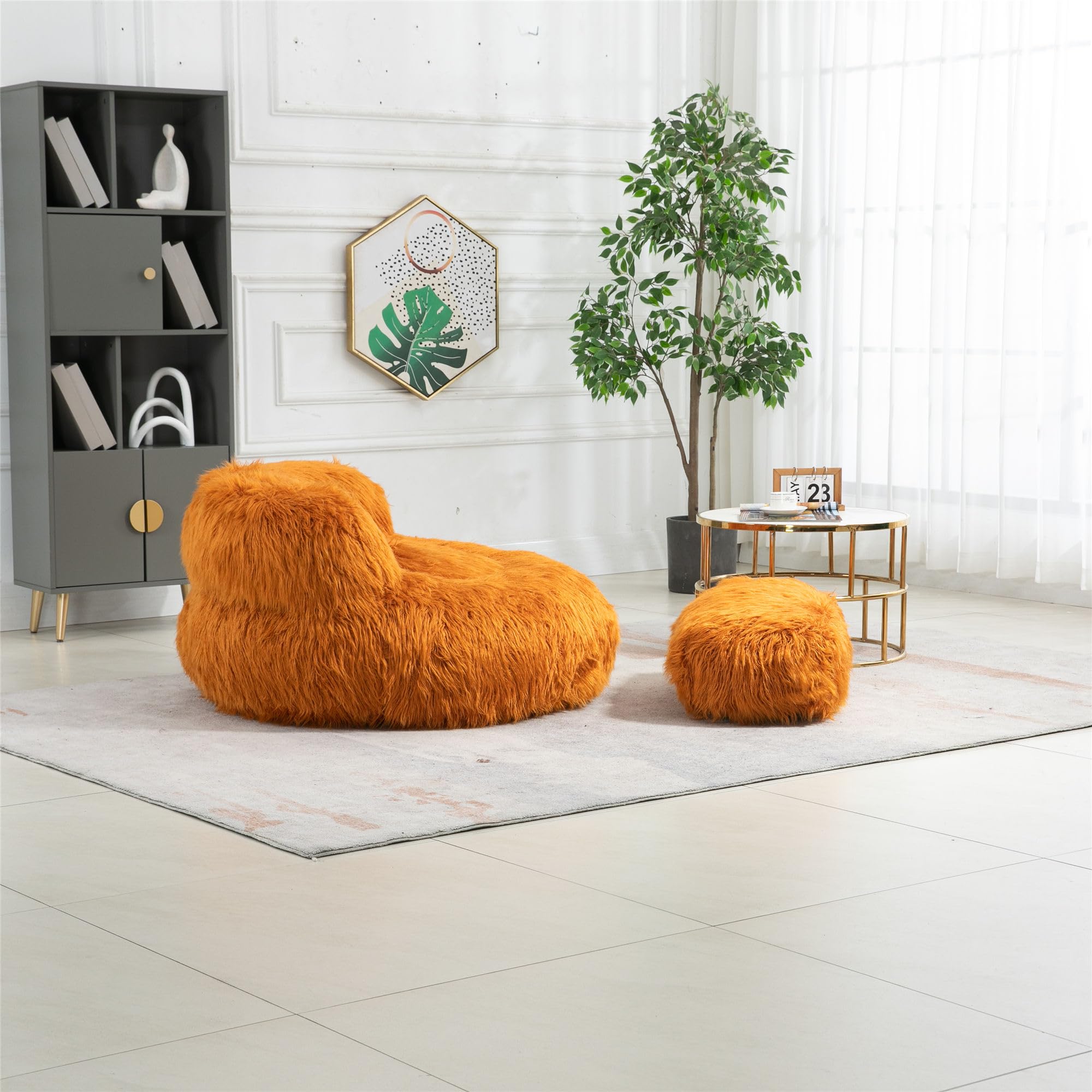Plush Memory Foam Lounge Chair with Ottoman - Oversized Recliner High Back Lazy Sofa Chair with High Resilience Foam, Solid Wood Frame, Iron Legs - Comfortable Single Living Room Chair (Orange)