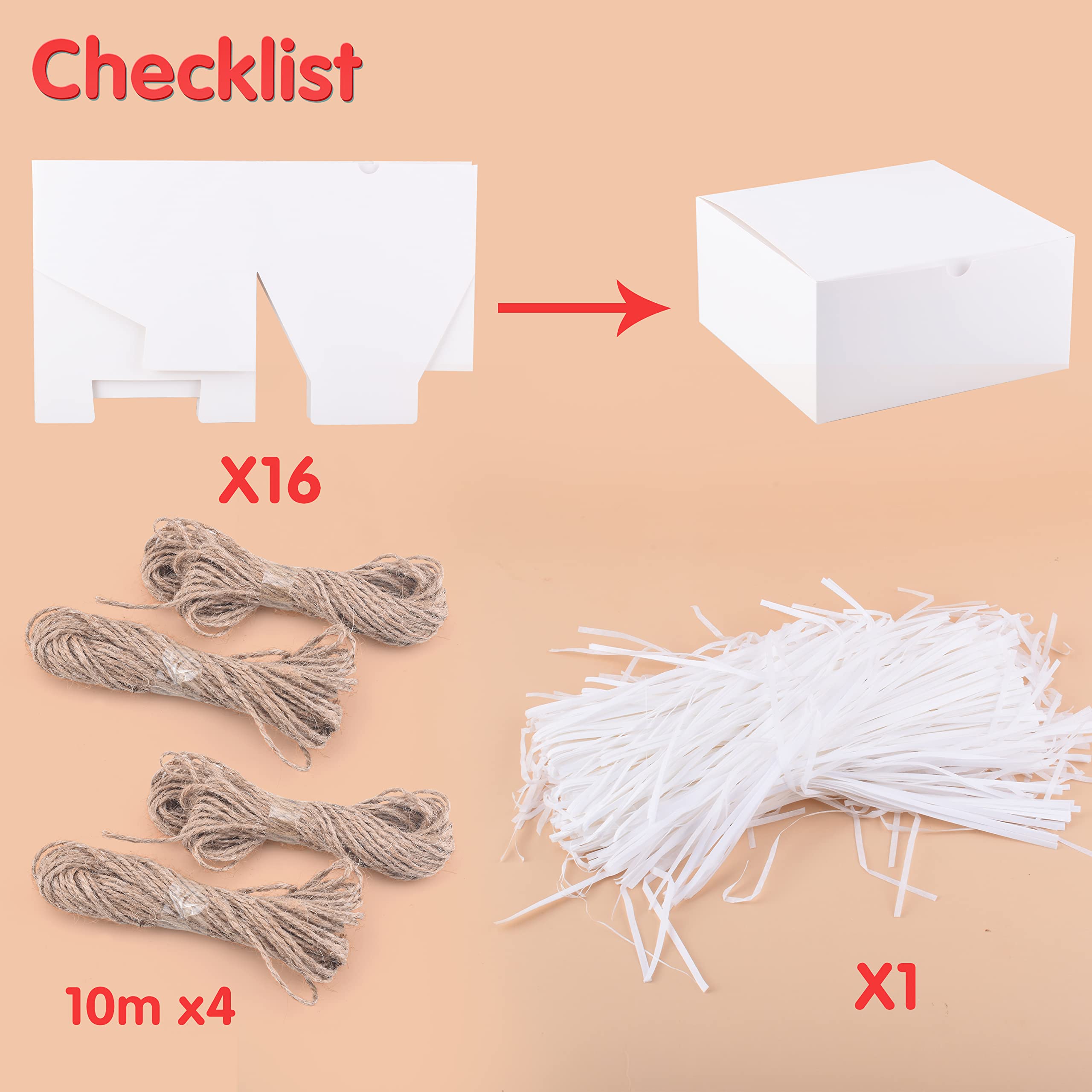 JOYIN 16 Pcs Christmas Kraft Gift Boxes, 8 x 8 x 4 In Easy Assemble Holiday Gifts Boxes with Grass Twines and Raffia Paper for Valentine's Day, Birthday, Wedding, Holiday Gift Wrapping