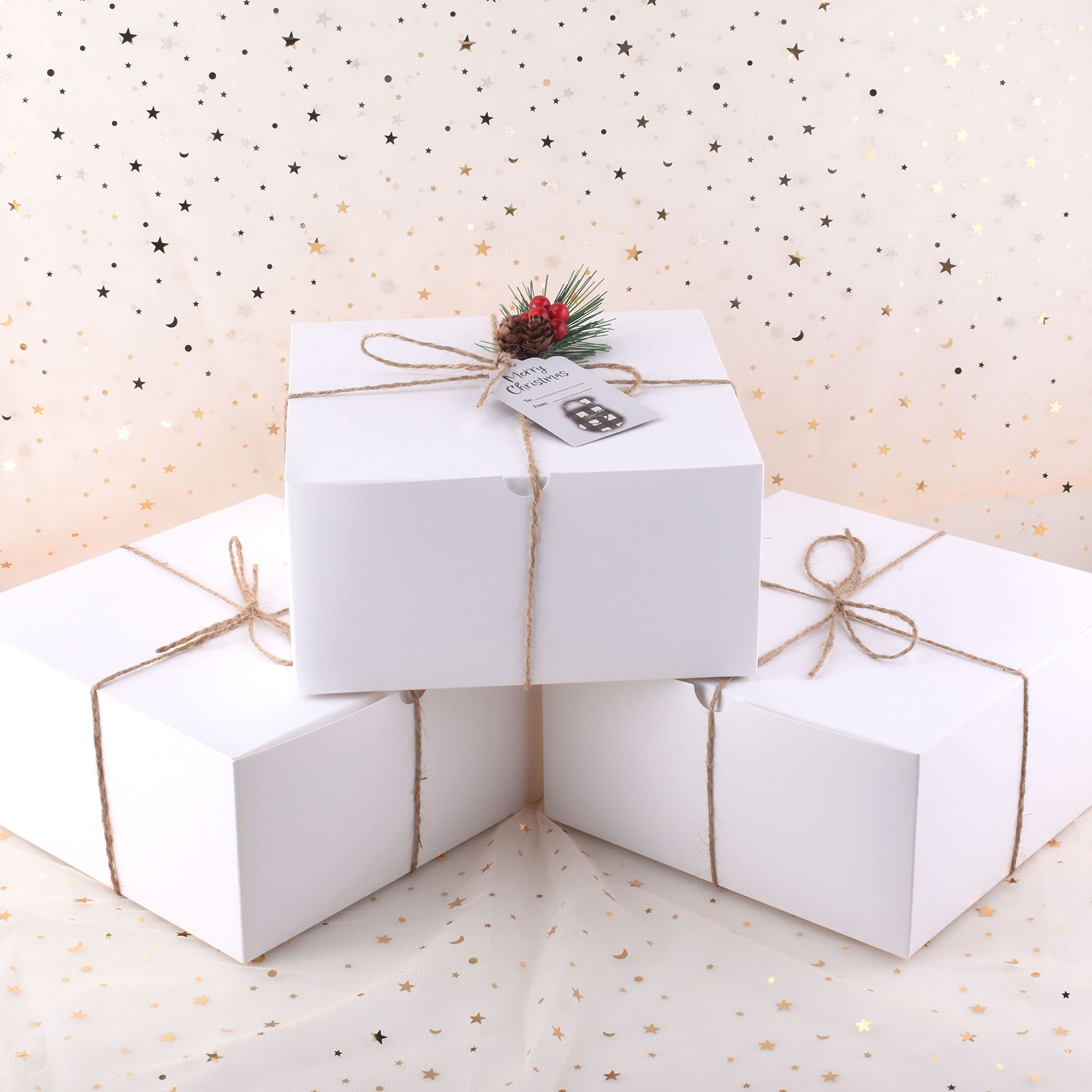 JOYIN 16 Pcs Christmas Kraft Gift Boxes, 8 x 8 x 4 In Easy Assemble Holiday Gifts Boxes with Grass Twines and Raffia Paper for Valentine's Day, Birthday, Wedding, Holiday Gift Wrapping