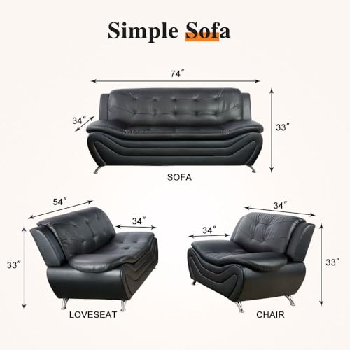 EZLUX Modern 3-Piece Faux Leather Sofa Set Living Room Furniture, with Sturdy Leg Support, Including Three-Seater Couch, Loveseat and Single Chair, Black