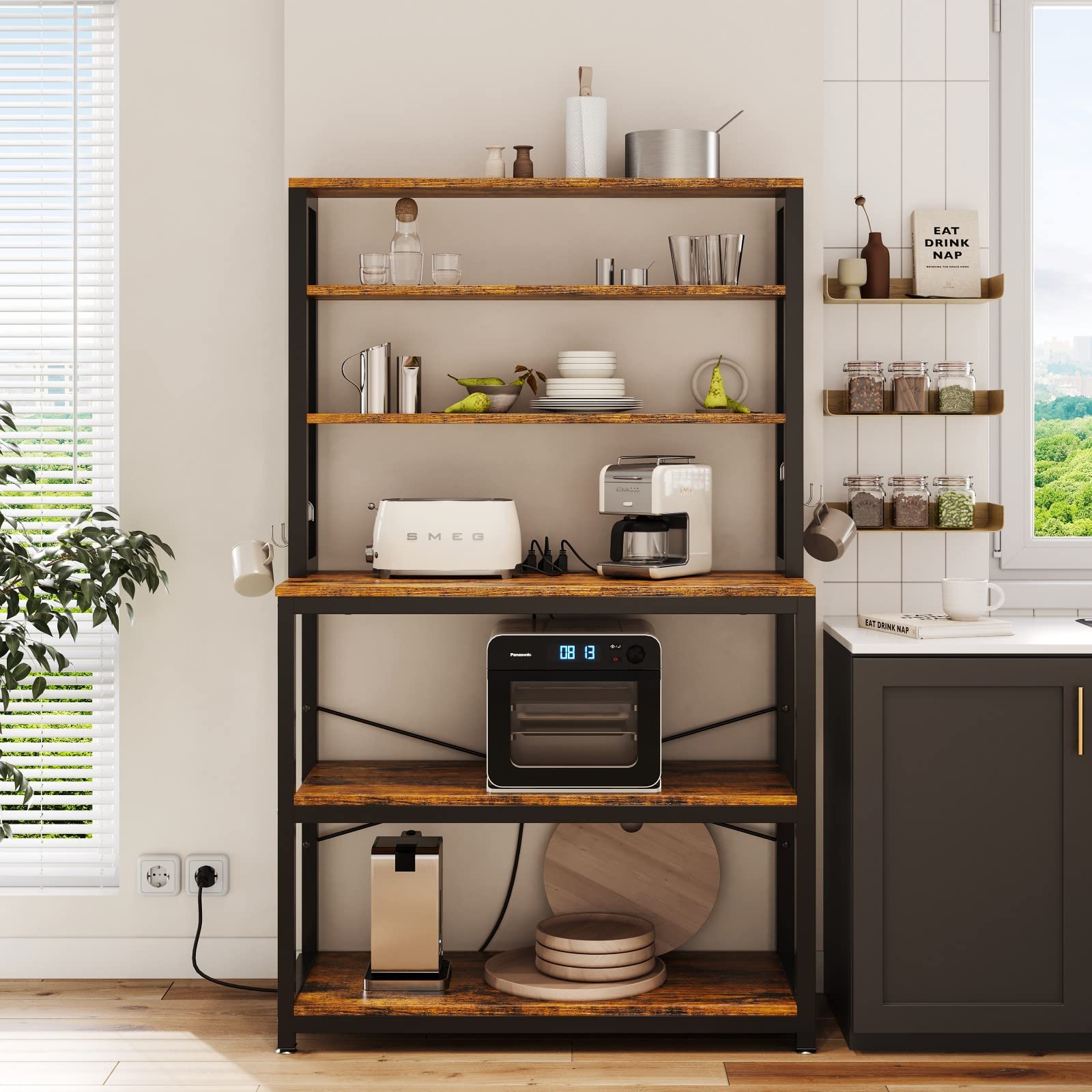 Rovaurx Standing Baker's Rack with Power Outlets, Microwave Oven Stand, Industrial Kitchen Cart Storage Shelf Organizer, Rustic Brown KTJZ001A