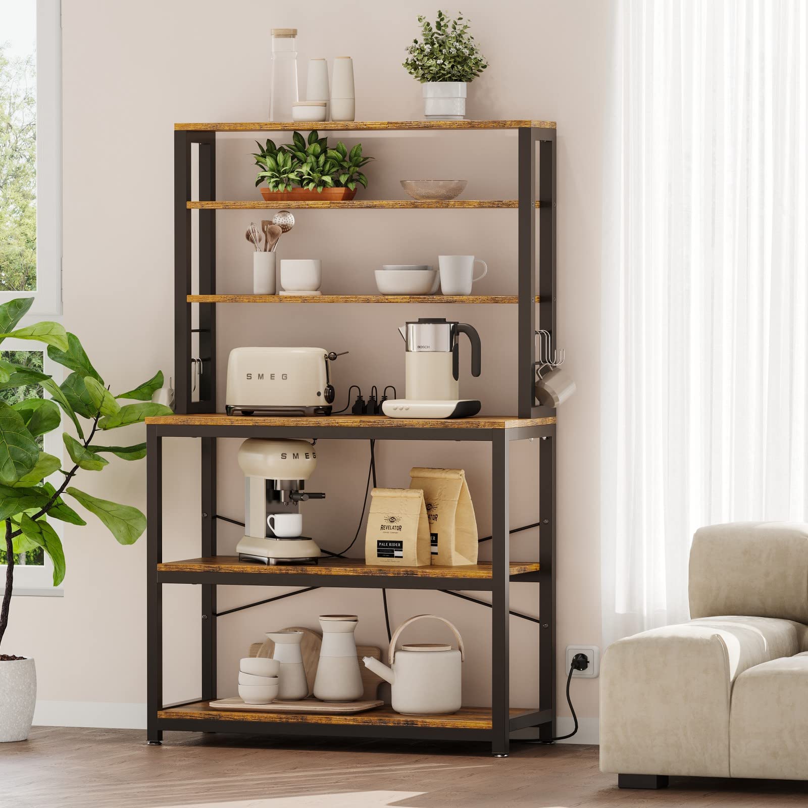 Rovaurx Standing Baker's Rack with Power Outlets, Microwave Oven Stand, Industrial Kitchen Cart Storage Shelf Organizer, Rustic Brown KTJZ001A
