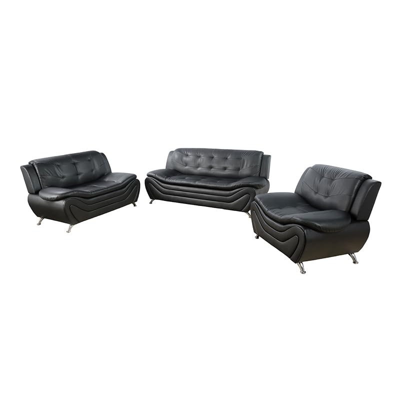 EZLUX Modern 3-Piece Faux Leather Sofa Set Living Room Furniture, with Sturdy Leg Support, Including Three-Seater Couch, Loveseat and Single Chair, Black