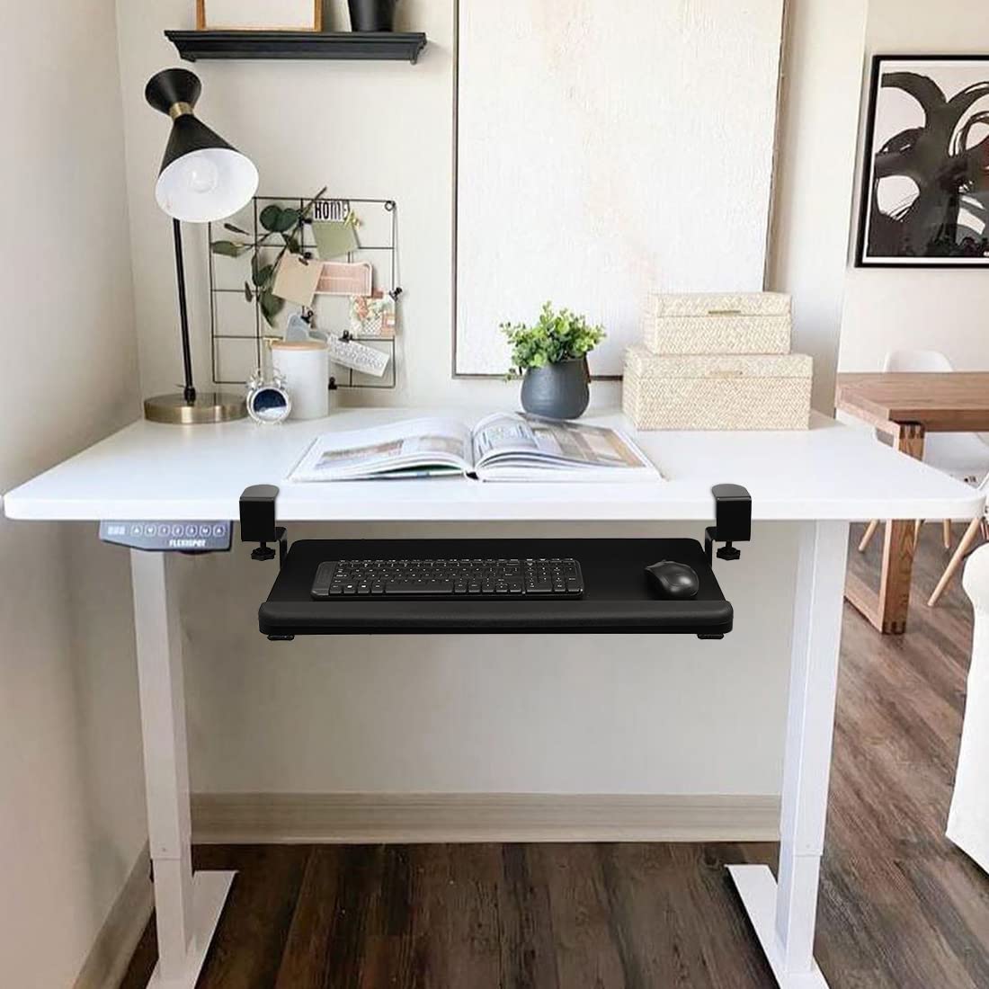 FlexiSpot Large Keyboard Tray Under Desk Ergonomic 25 (30 Including Clamps) x 12 in C Clamp Mount Retractable Adjustable Mouse Computer Keyboard Platform Tray Slide-Out Keyboard Drawer Shelf (Black)