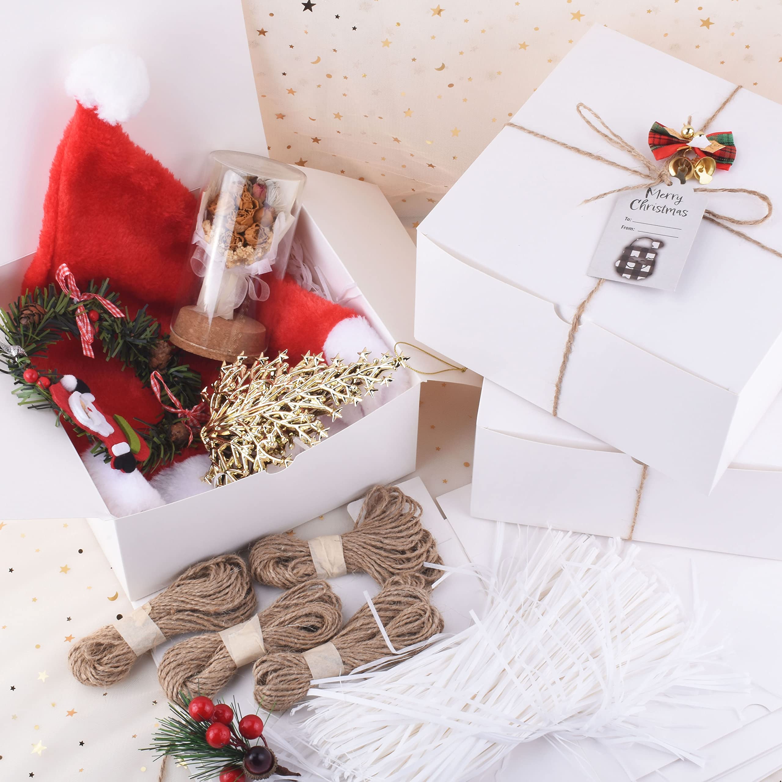 JOYIN 16 Pcs Christmas Kraft Gift Boxes, 8 x 8 x 4 In Easy Assemble Holiday Gifts Boxes with Grass Twines and Raffia Paper for Valentine's Day, Birthday, Wedding, Holiday Gift Wrapping