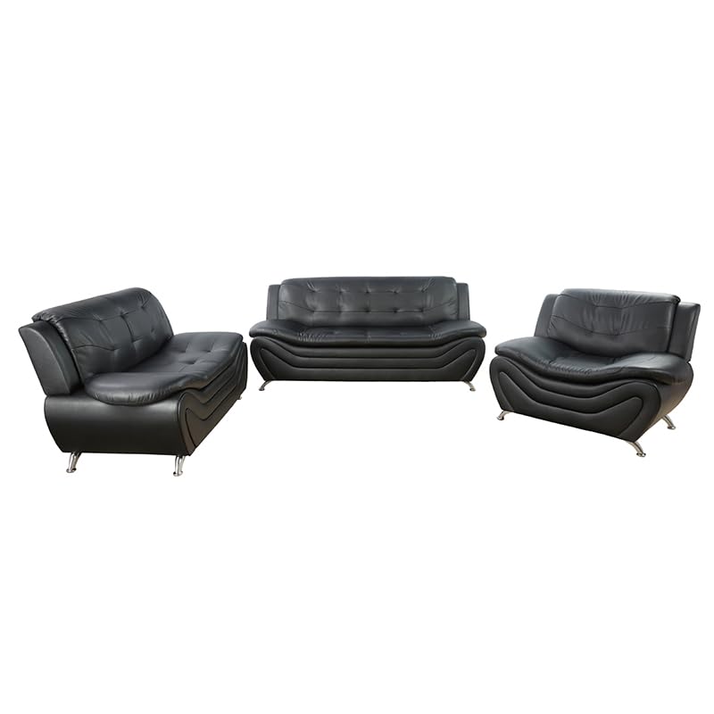 EZLUX Modern 3-Piece Faux Leather Sofa Set Living Room Furniture, with Sturdy Leg Support, Including Three-Seater Couch, Loveseat and Single Chair, Black