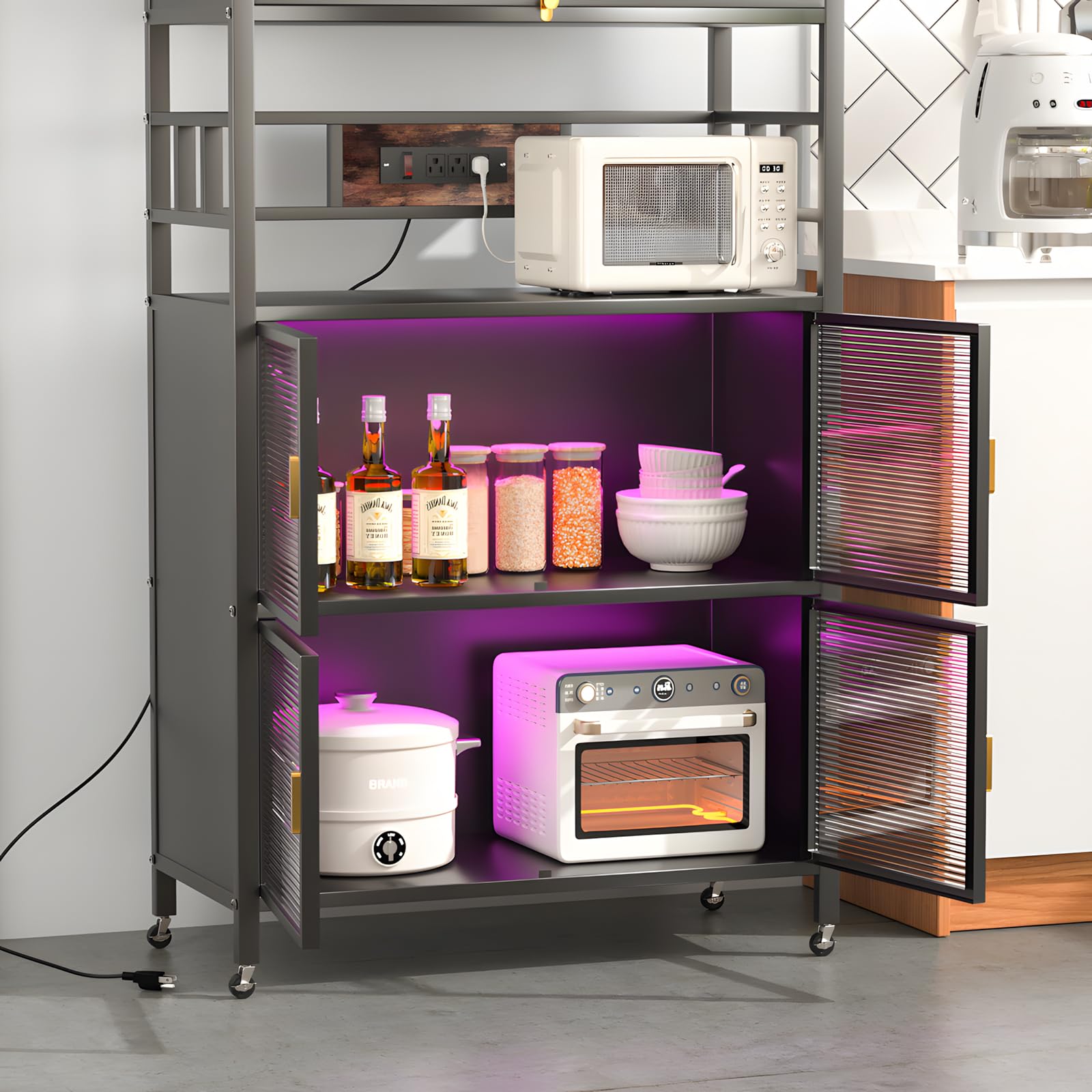 REENLIV 5-Tier Bakers Rack with Power Outlet, Microwave Stand, Bread Rack,Coffee Stand, Baker's Rack with Rolling Wheels and 4 Hooks, Kitchen Shelves for Spices, Pots and Pans,Black