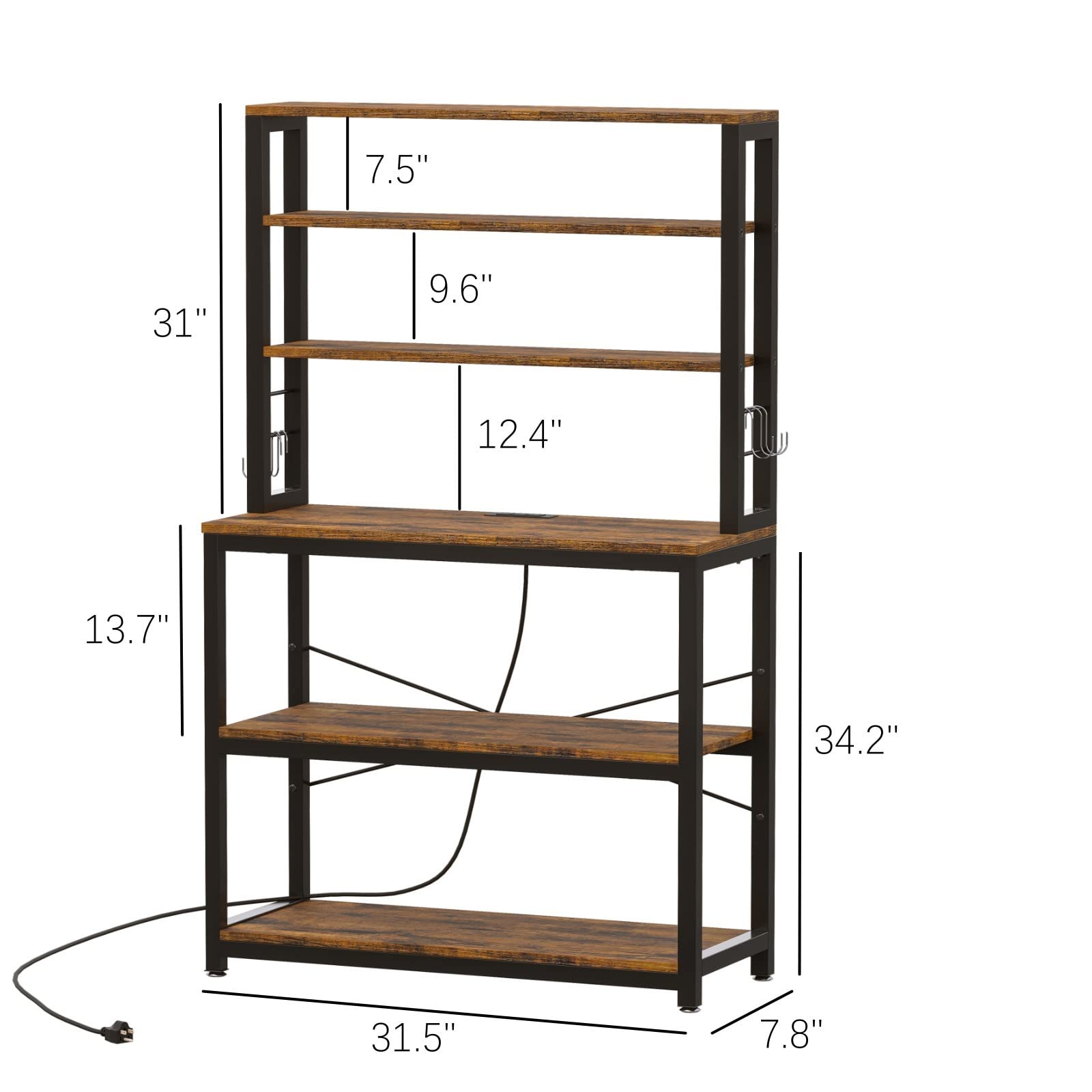 Rovaurx Standing Baker's Rack with Power Outlets, Microwave Oven Stand, Industrial Kitchen Cart Storage Shelf Organizer, Rustic Brown KTJZ001A