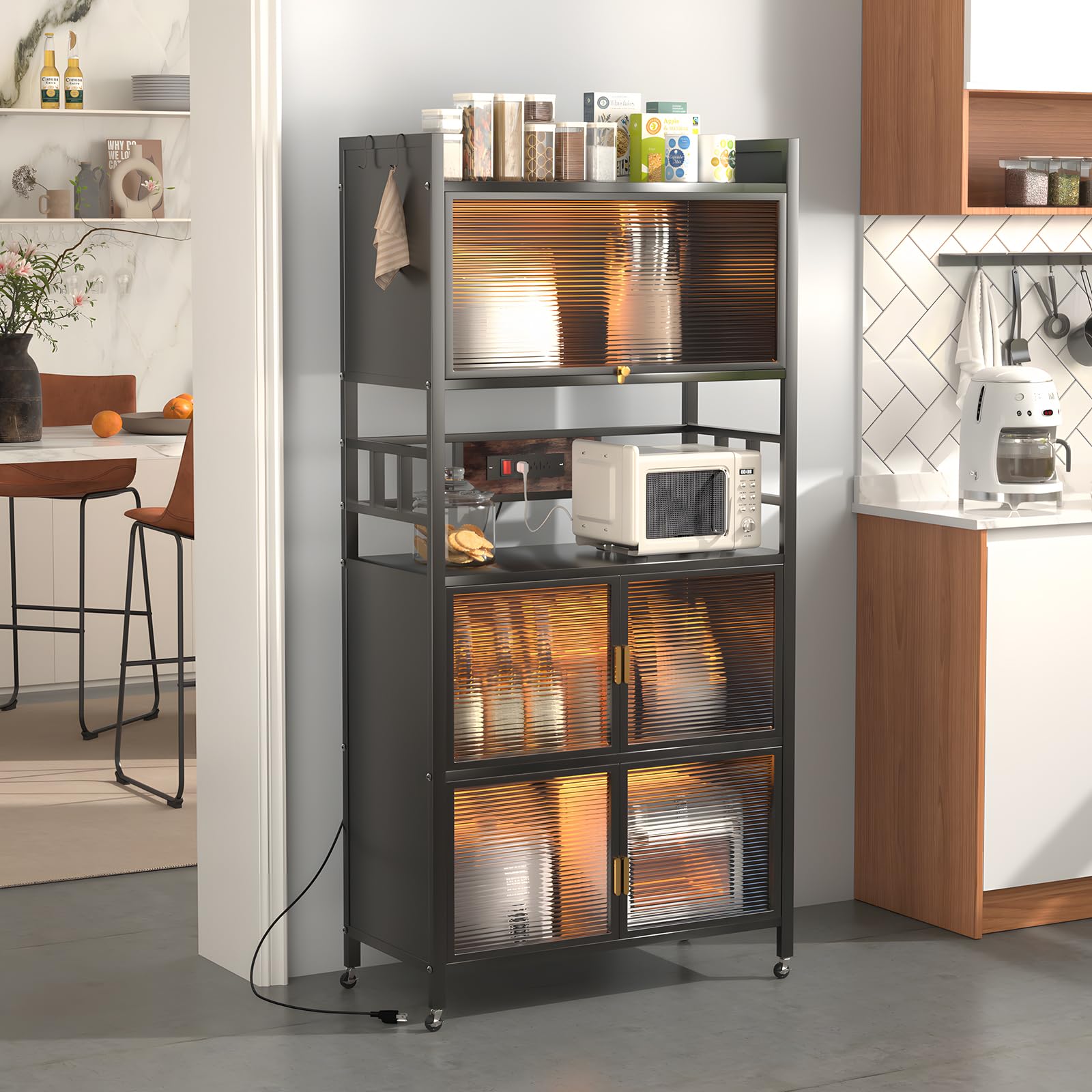 REENLIV 5-Tier Bakers Rack with Power Outlet, Microwave Stand, Bread Rack,Coffee Stand, Baker's Rack with Rolling Wheels and 4 Hooks, Kitchen Shelves for Spices, Pots and Pans,Black