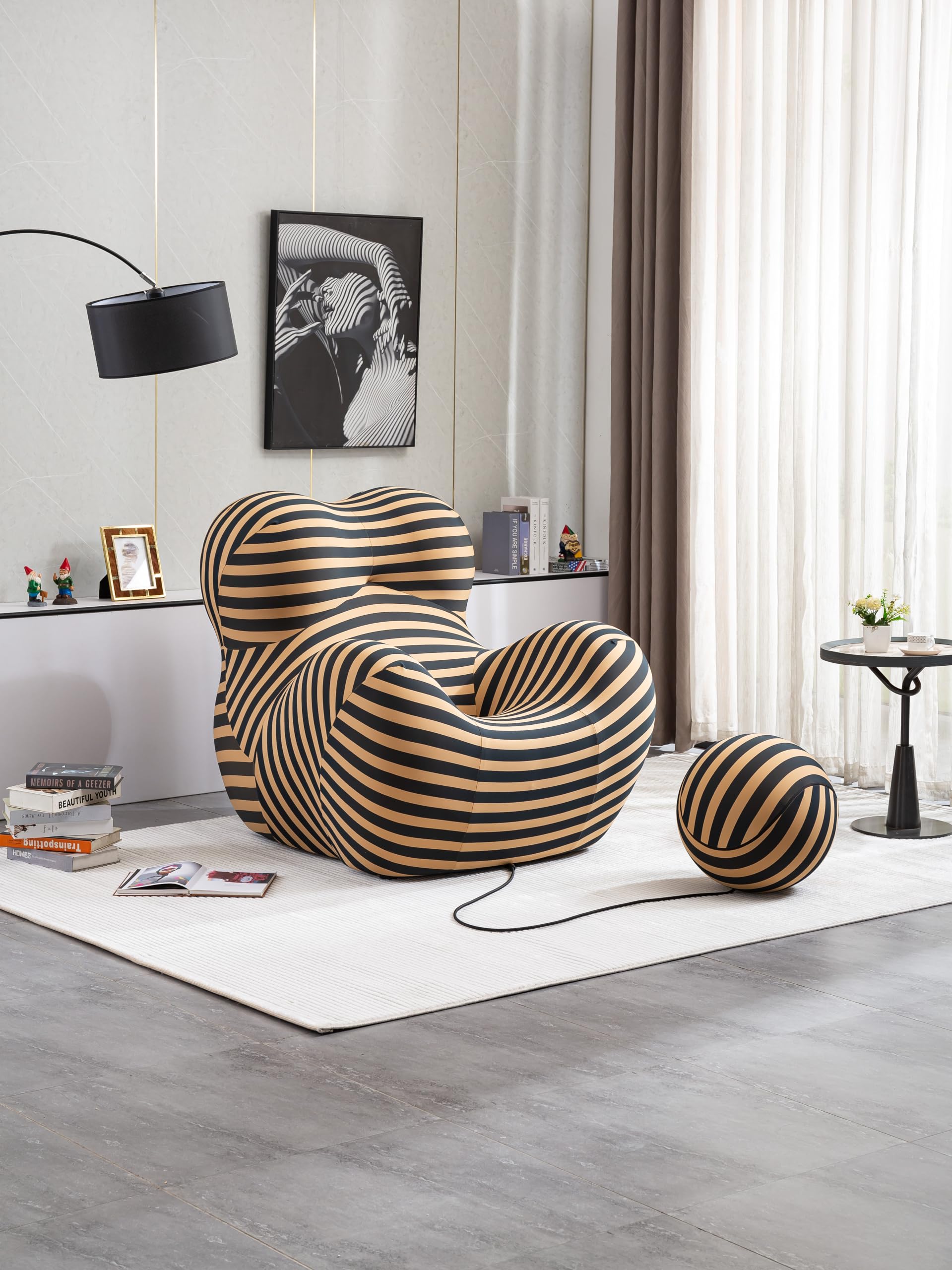 HomSof Barrel Accent Chair Sofa with Spherical Ottoman, Mordern Comfy Stripe Chair for Living Room,Black & Yellow,Large