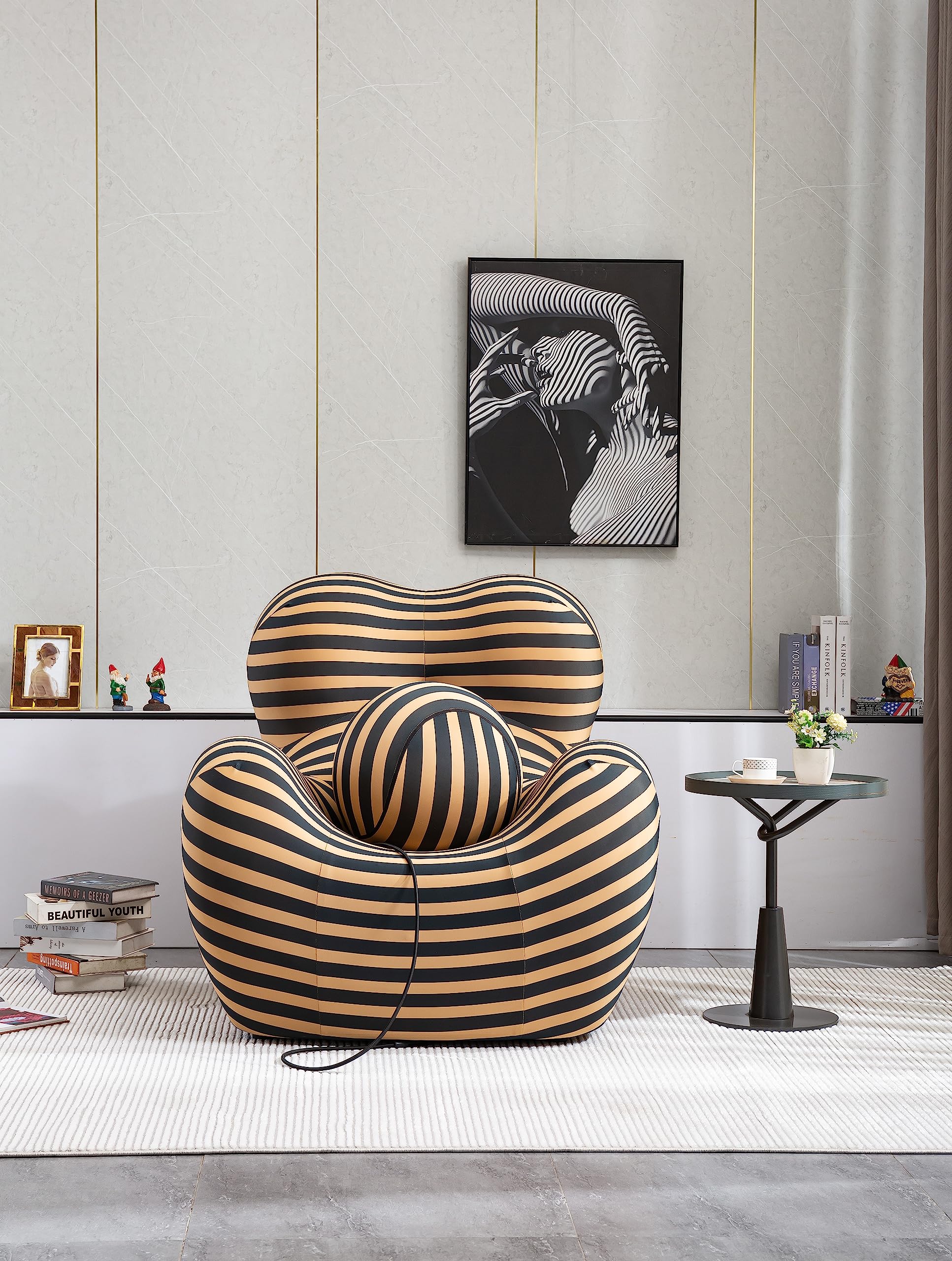HomSof Barrel Accent Chair Sofa with Spherical Ottoman, Mordern Comfy Stripe Chair for Living Room,Black & Yellow,Large