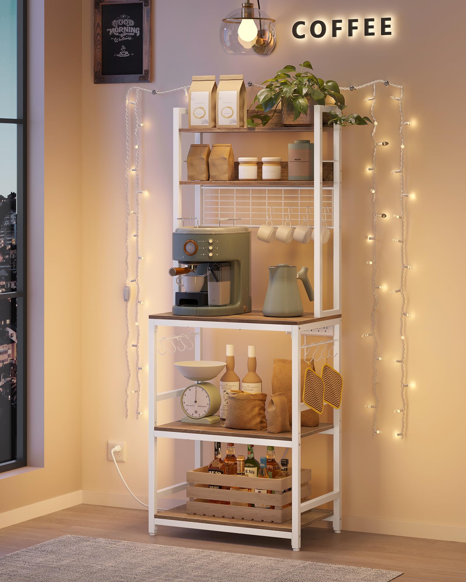 VASAGLE Hutch Bakers Rack with Power Outlet, 14 Hooks Microwave Stand, Adjustable Coffee Bar with Metal Wire Panel, Kitchen Storage Shelf, 15.7 x 23.6 x 66.9 Inches, Rustic Walnut and White UKKS037W41