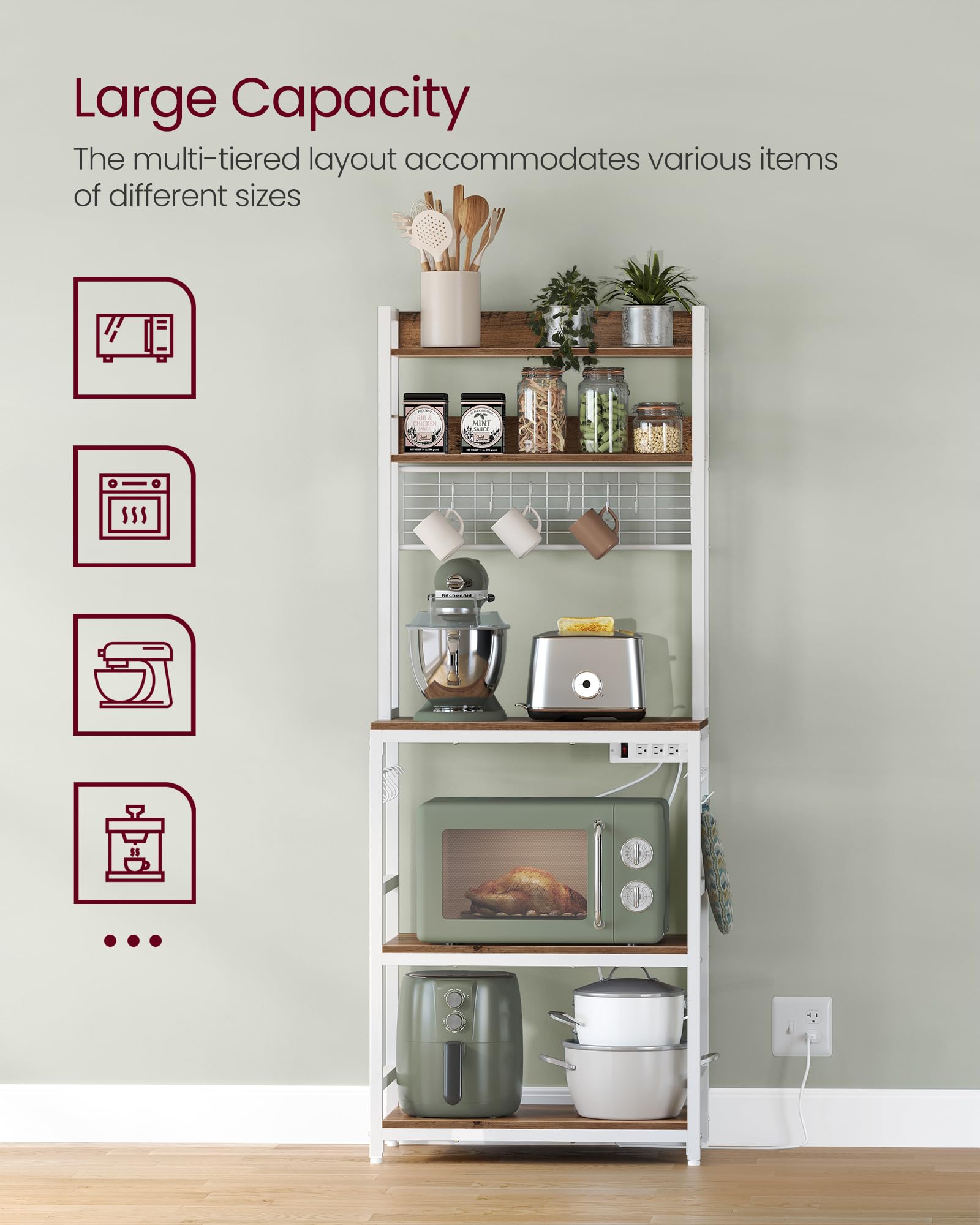 VASAGLE Hutch Bakers Rack with Power Outlet, 14 Hooks Microwave Stand, Adjustable Coffee Bar with Metal Wire Panel, Kitchen Storage Shelf, 15.7 x 23.6 x 66.9 Inches, Rustic Walnut and White UKKS037W41
