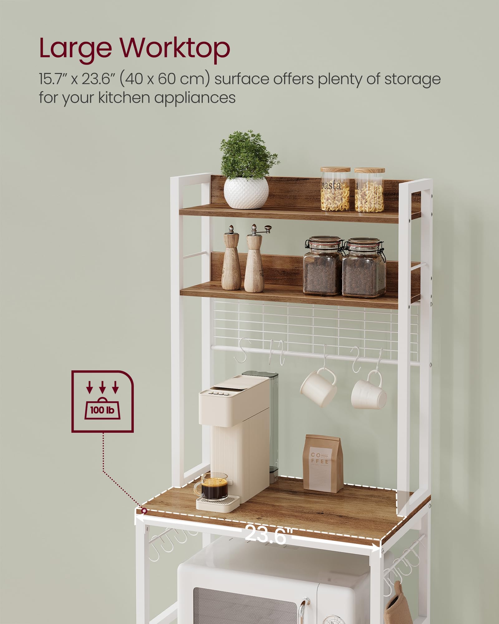 VASAGLE Hutch Bakers Rack with Power Outlet, 14 Hooks Microwave Stand, Adjustable Coffee Bar with Metal Wire Panel, Kitchen Storage Shelf, 15.7 x 23.6 x 66.9 Inches, Rustic Walnut and White UKKS037W41