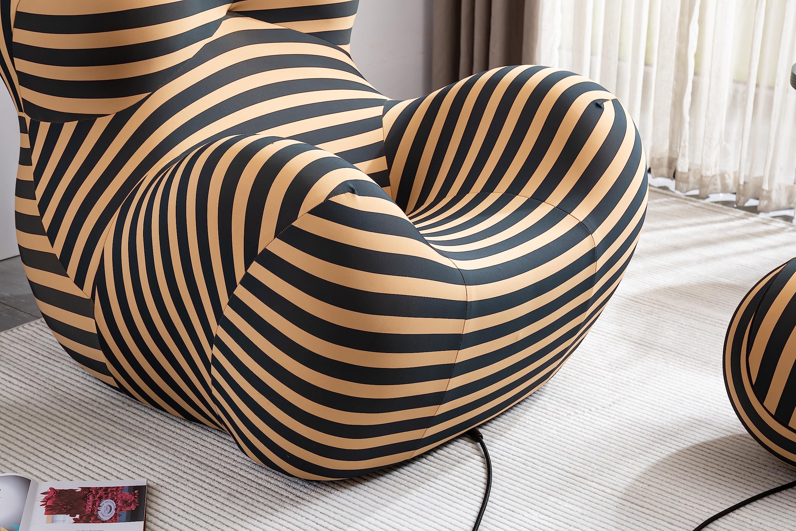 HomSof Barrel Accent Chair Sofa with Spherical Ottoman, Mordern Comfy Stripe Chair for Living Room,Black & Yellow,Large