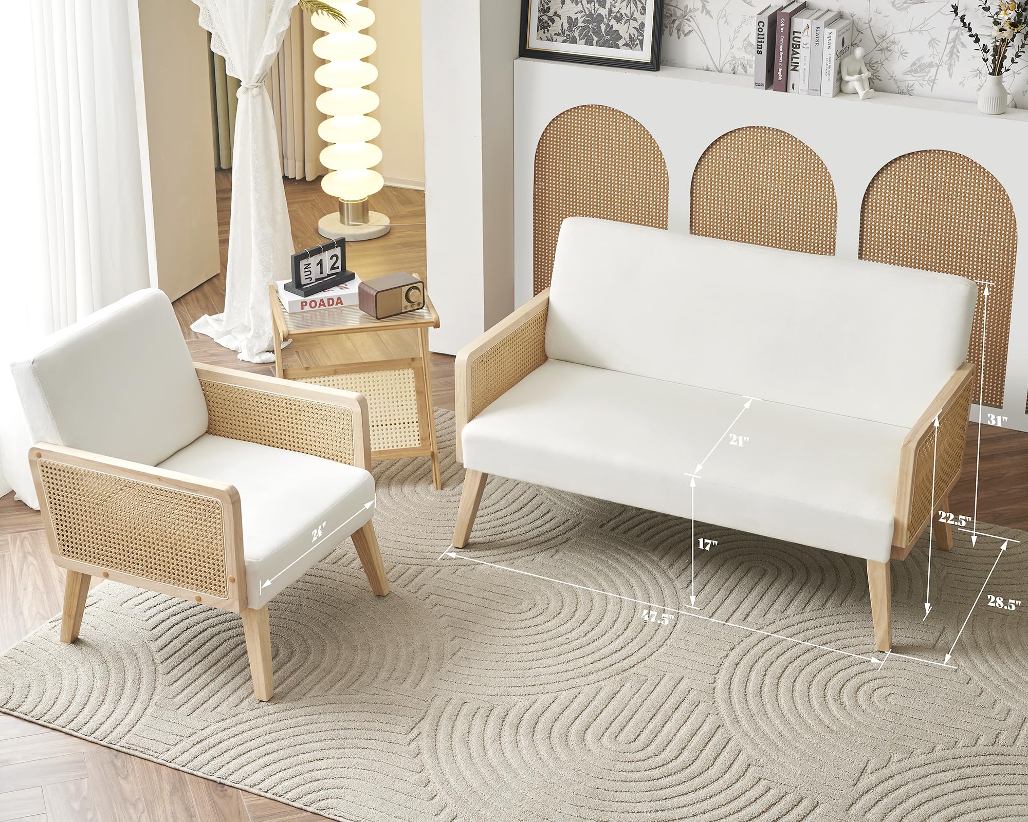 AMERLIFE Rattan Sofa, 2 Piece Sofa Couch Set- Sofa Chair for Living Room with Rattan Armrest, Loveseat Sofa Set, Velvet White Armchair