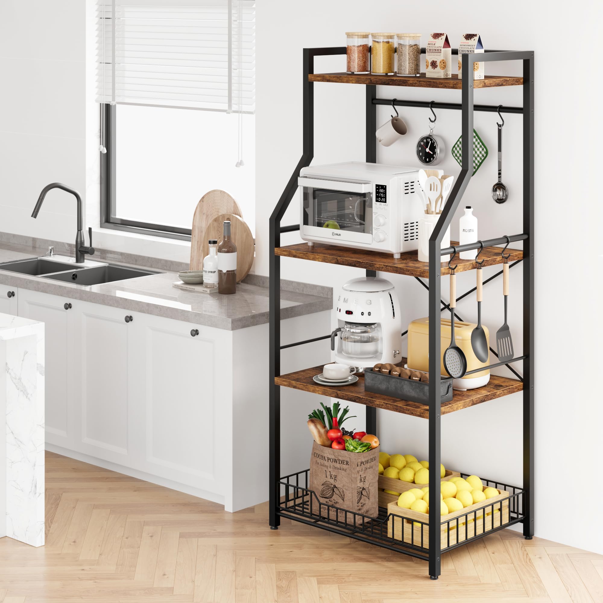 IDEALHOUSE Kitchen Bakers Rack, Microwave Oven Stand with Large Wire Basket, Industrial Coffee Bar Station, 4-Tier Kitchen Utility Storage Shelf with 8 Hooks for Spice, Pots Organizer, Rustic Brown