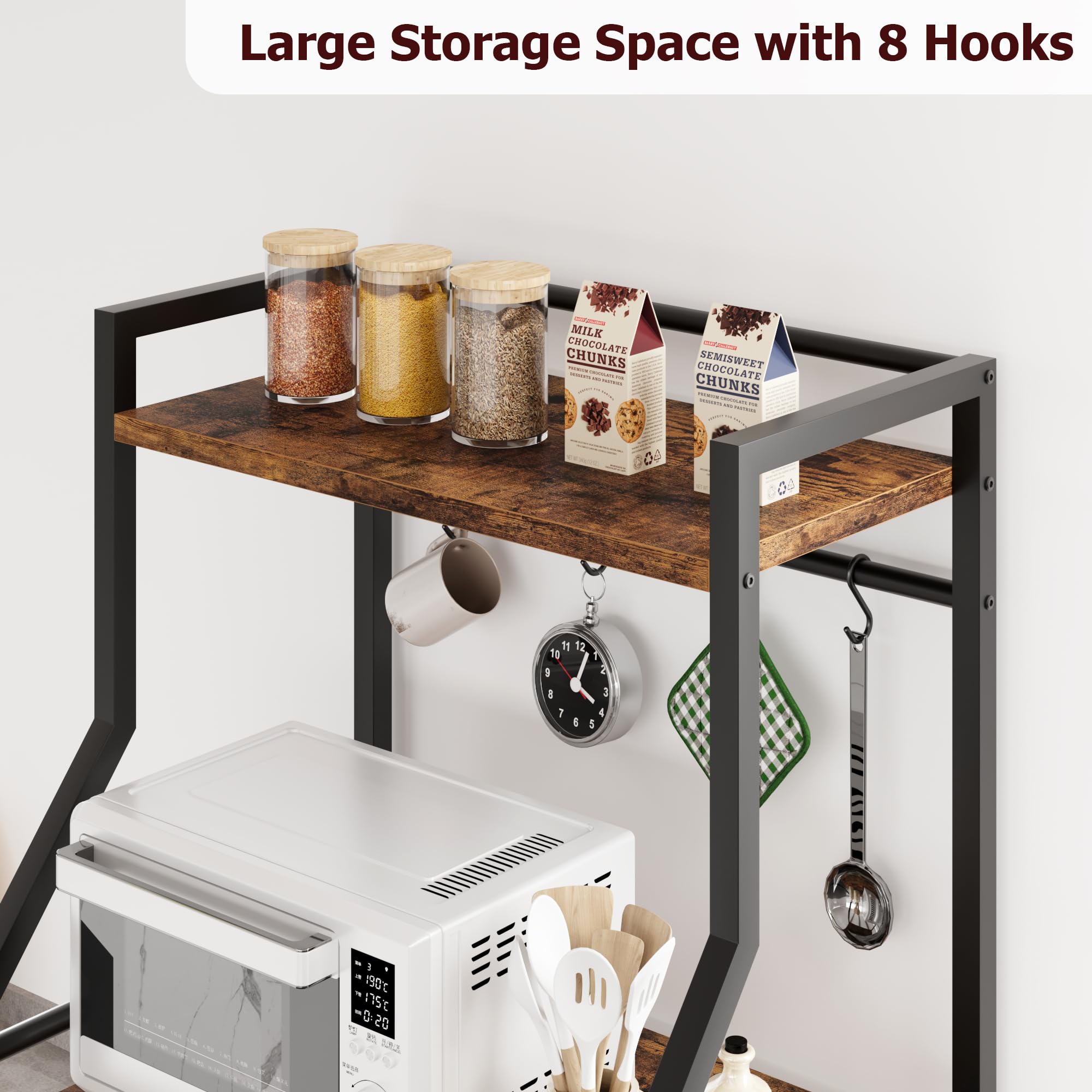 IDEALHOUSE Kitchen Bakers Rack, Microwave Oven Stand with Large Wire Basket, Industrial Coffee Bar Station, 4-Tier Kitchen Utility Storage Shelf with 8 Hooks for Spice, Pots Organizer, Rustic Brown