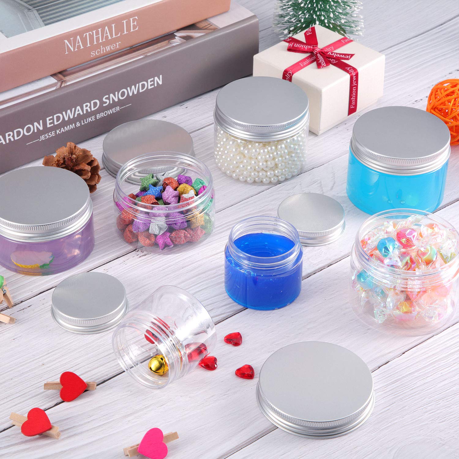 SATINIOR 12 Pack Clear Plastic Storage Favor Jars Wide-Mouth Plastic Containers with Lids for Beauty Products (4 Ounce)