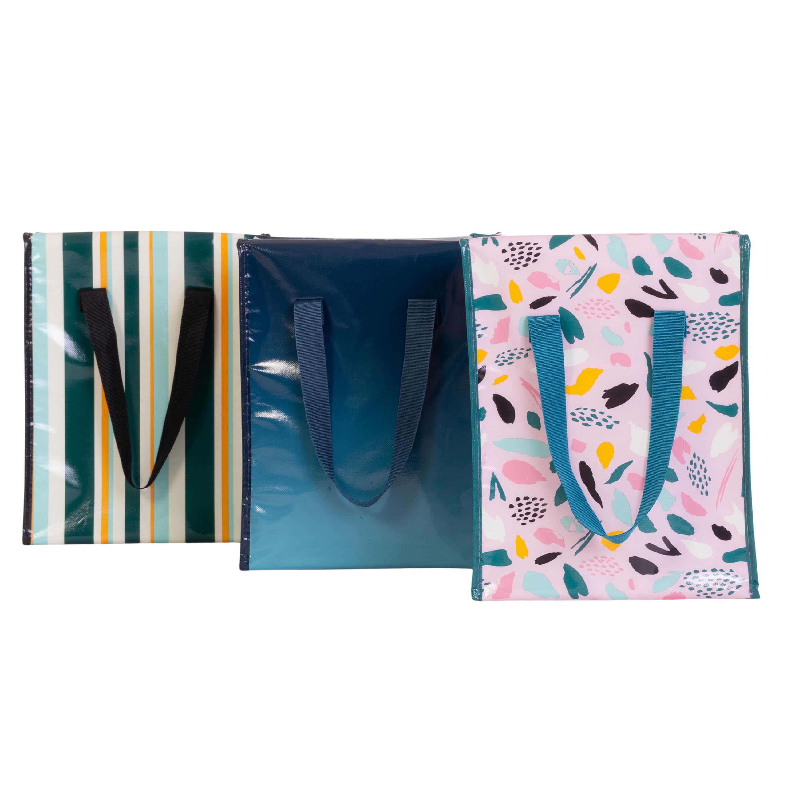 Planet E Reusable Grocery Picnic Shopping Bags - Heavy Duty Colorful Collapsible Insulated Zip Coolers (Pack of 3)