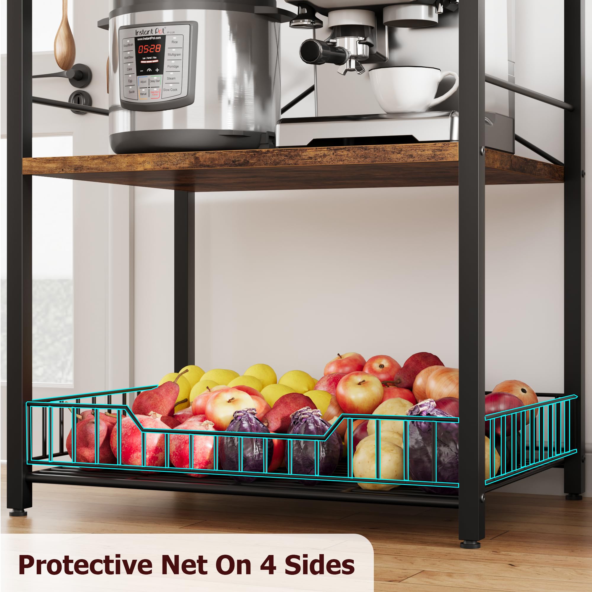 IDEALHOUSE Kitchen Bakers Rack, Microwave Oven Stand with Large Wire Basket, Industrial Coffee Bar Station, 4-Tier Kitchen Utility Storage Shelf with 8 Hooks for Spice, Pots Organizer, Rustic Brown