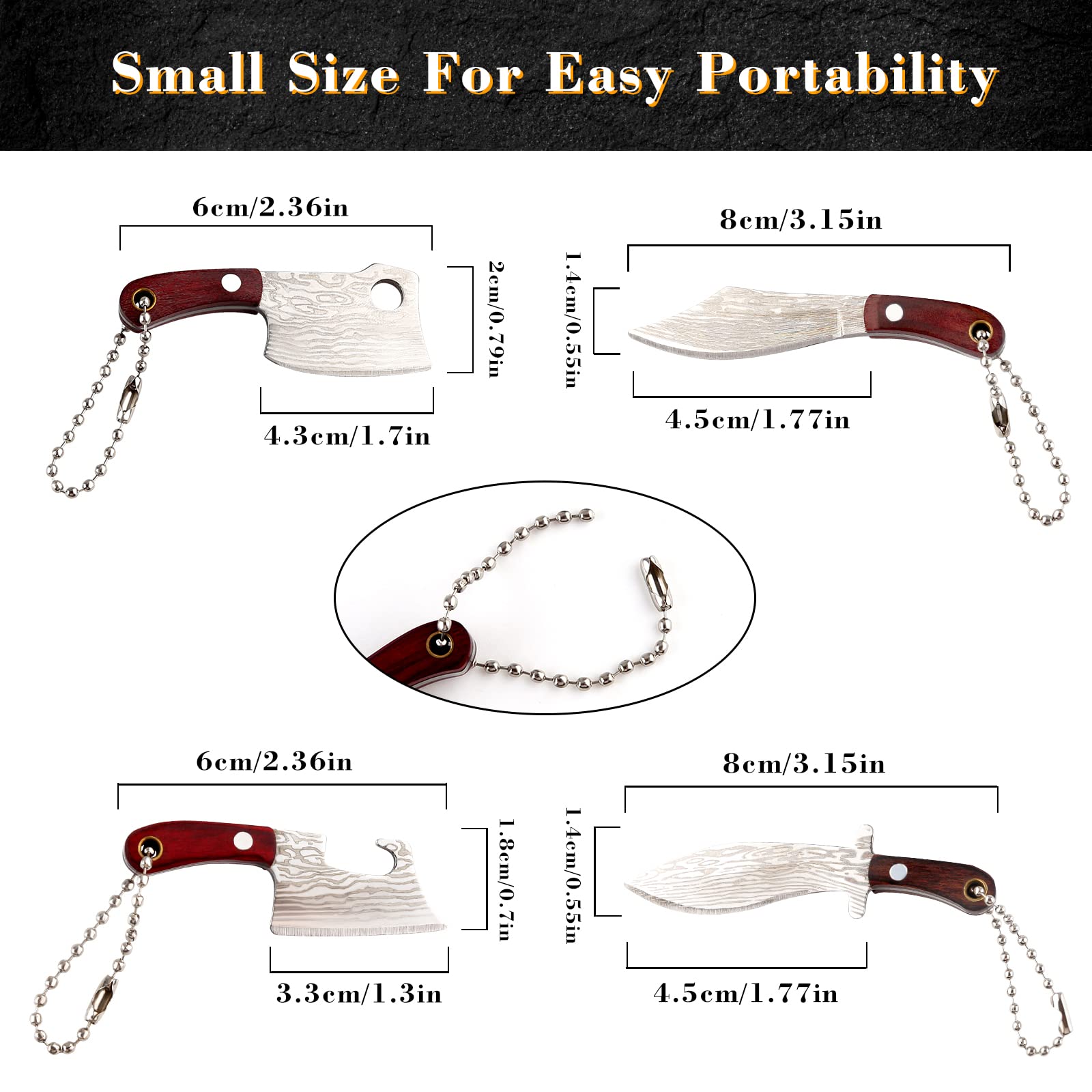 MOVNO Mini Pocket Knife Set Damascus Mini Utility Knife, Tiny Chef Knife with Sheath Cleaver for Package Opener Box Cutter, Camping Outdoor-4pcs-B